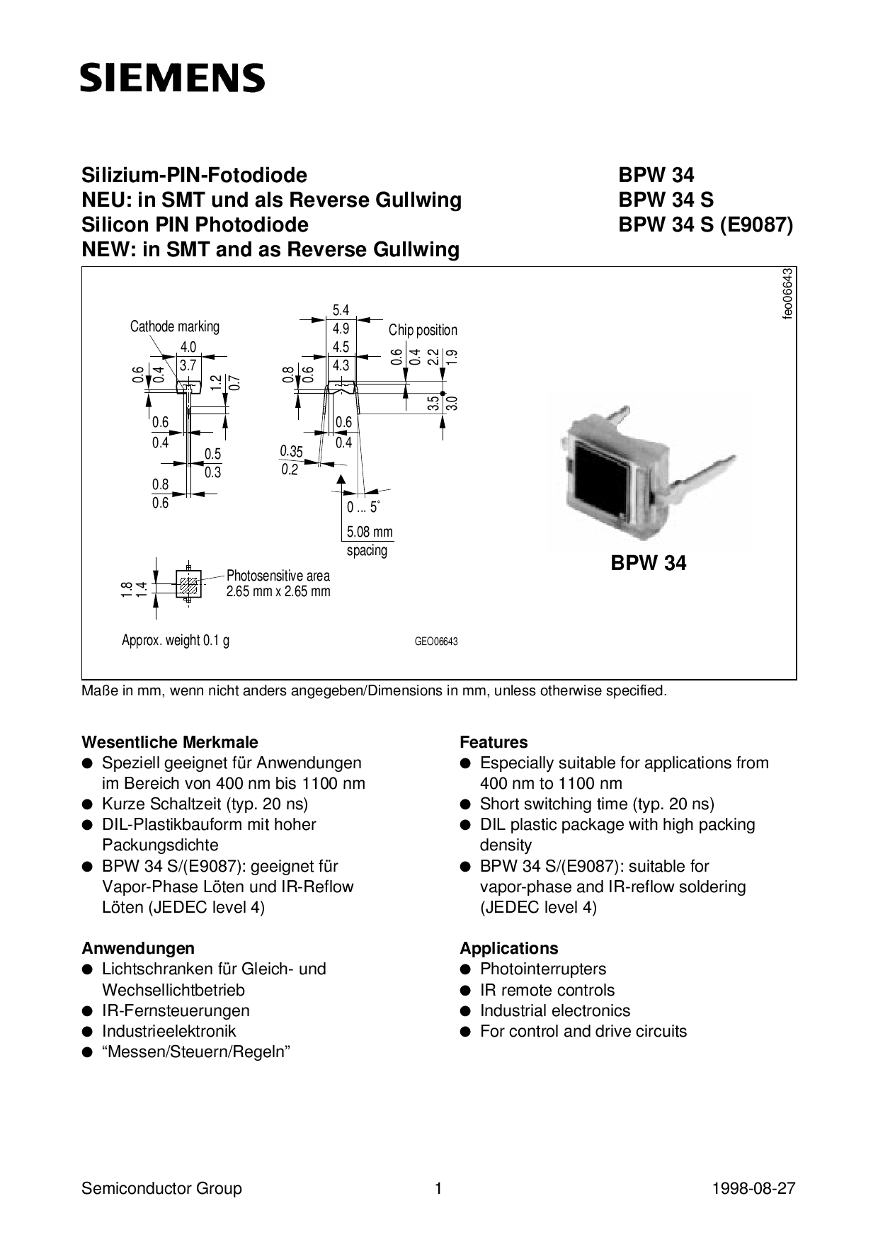 BPW34_（SIEMENS(德国西门子)）BPW34中文资料_价格_PDF手册-立创电子商城