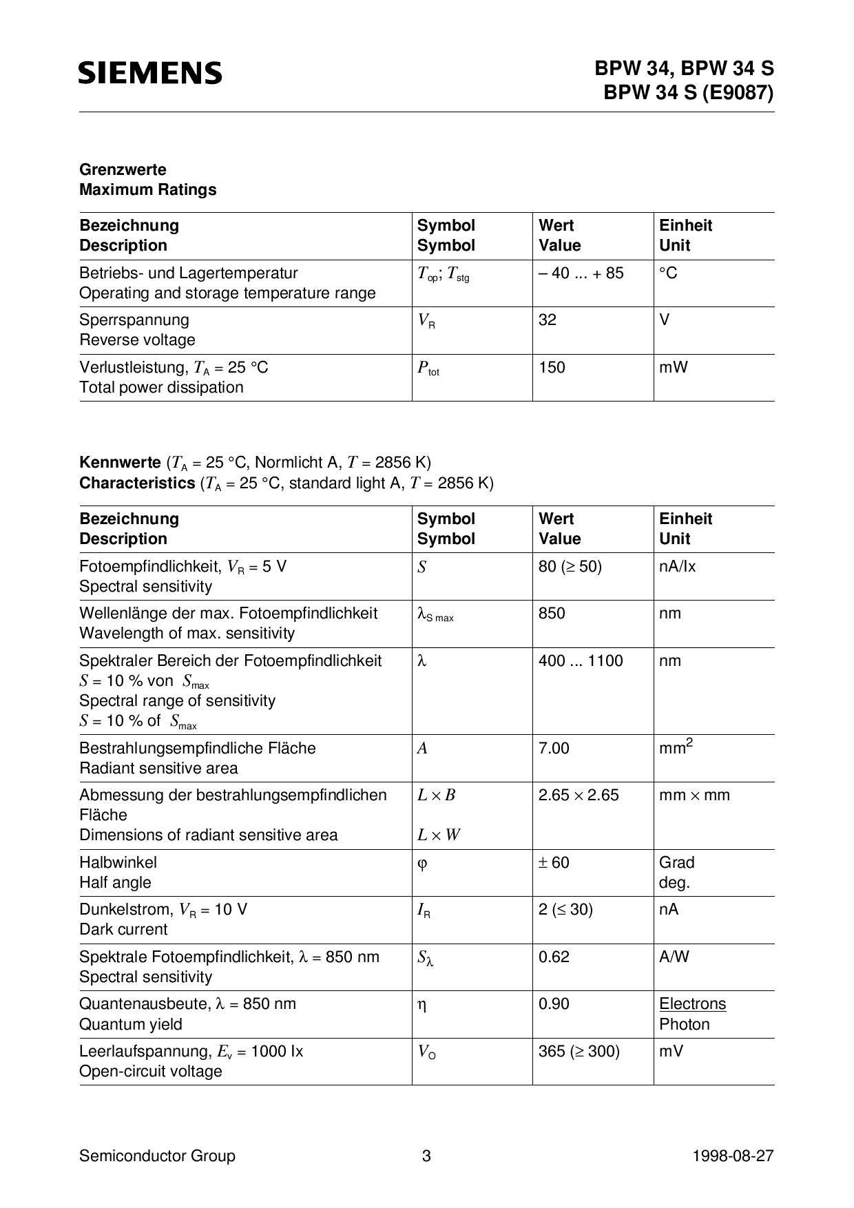 BPW34_（SIEMENS(德国西门子)）BPW34中文资料_价格_PDF手册-立创电子商城