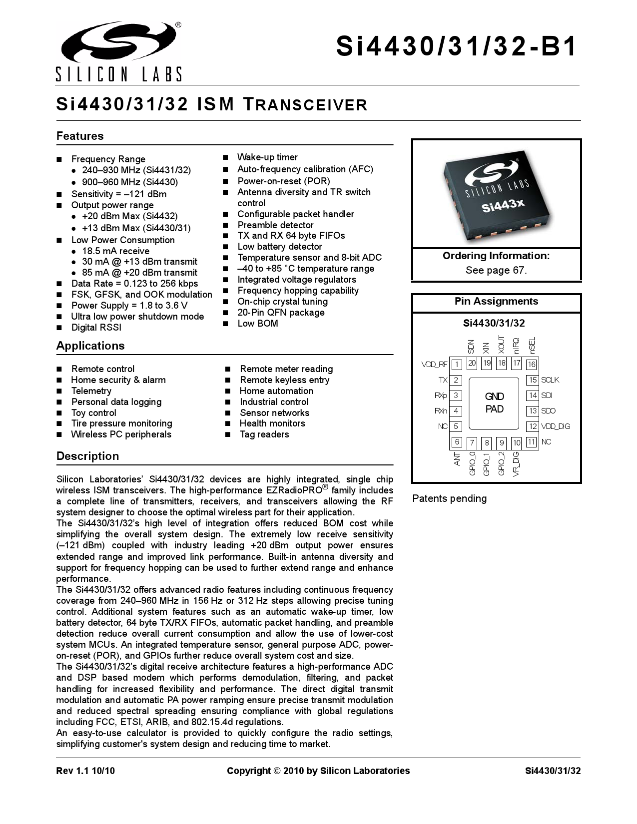 SI4432-B1-FM_（SILICON LABS(芯科)）SI4432-B1-FM中文资料_价格_PDF手册-立创电子商城