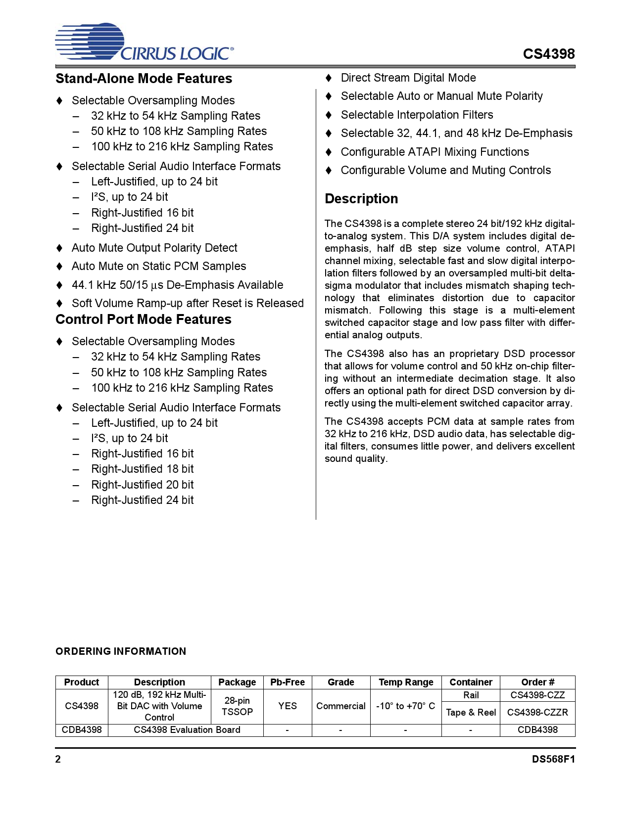 CS4398-CZZR_（Cirrus Logic(凌云)）CS4398-CZZR中文资料_价格_PDF手册-立创电子商城