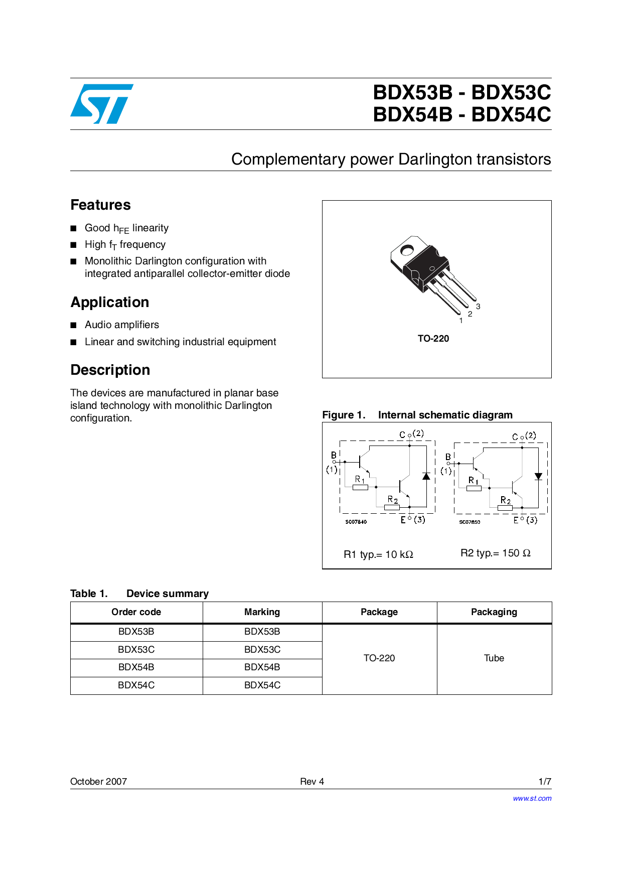 BDX53C_（ST(意法半导体)）BDX53C中文资料_价格_PDF手册-立创电子商城