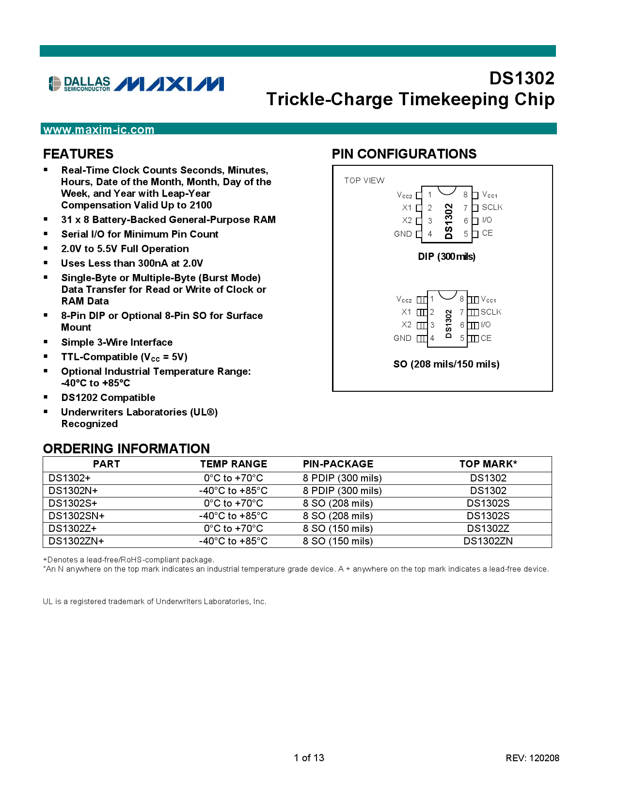 DS1302+_（MAXIM(美信)）DS1302+中文资料_价格_PDF手册-立创电子商城