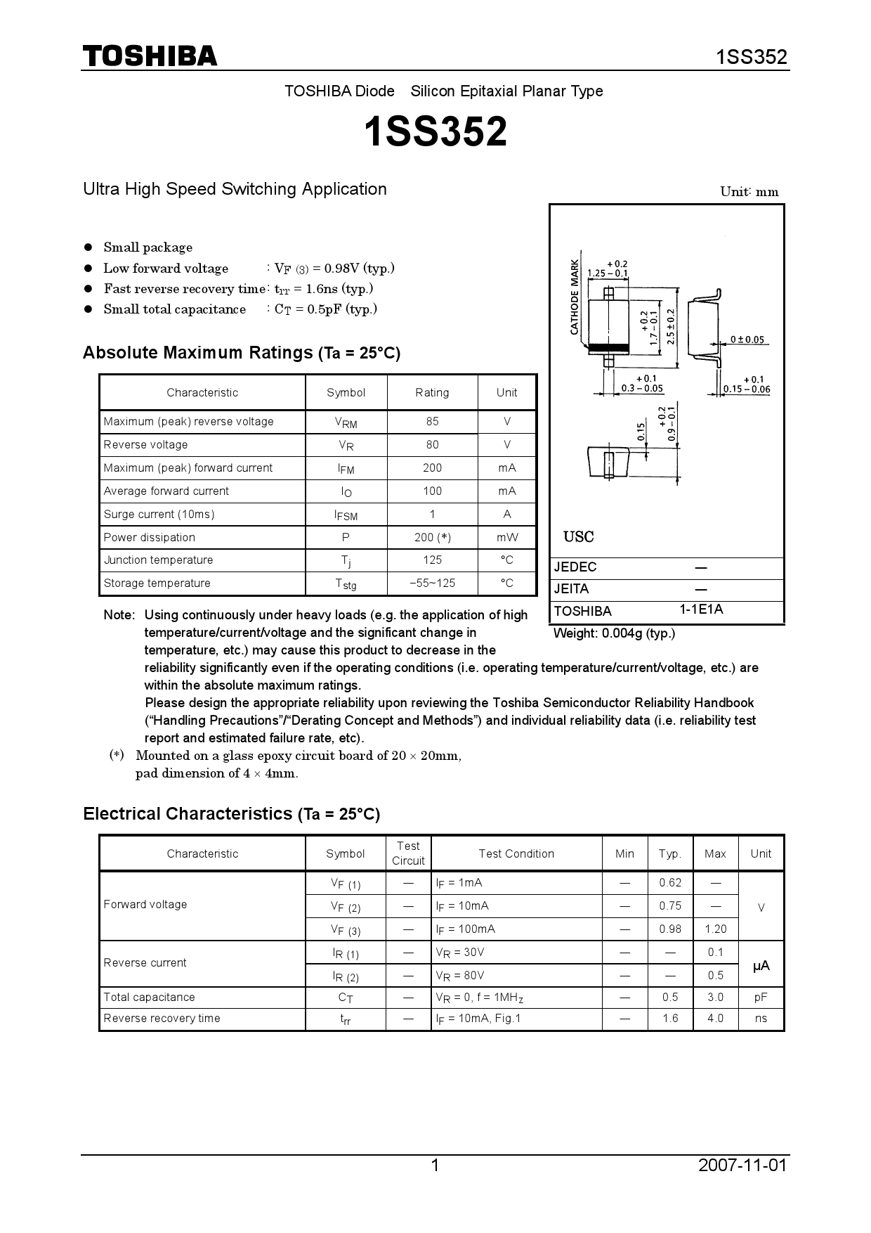 1SS352,H3F_（TOSHIBA(东芝)）1SS352,H3F中文资料_价格_PDF手册-立创电子商城
