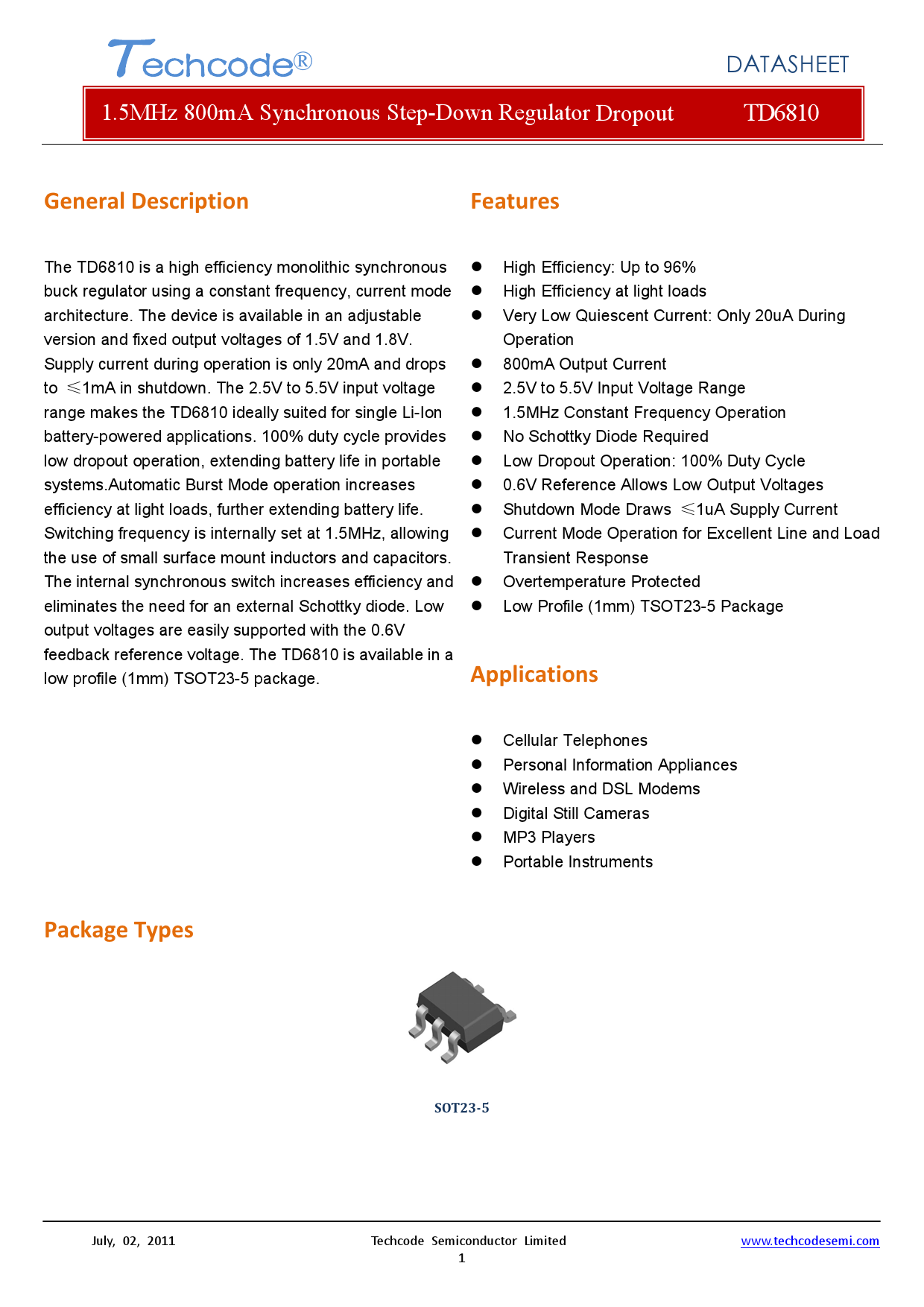 TD6810_（Techcode(泰德)）TD6810中文资料_价格_PDF手册-立创电子商城