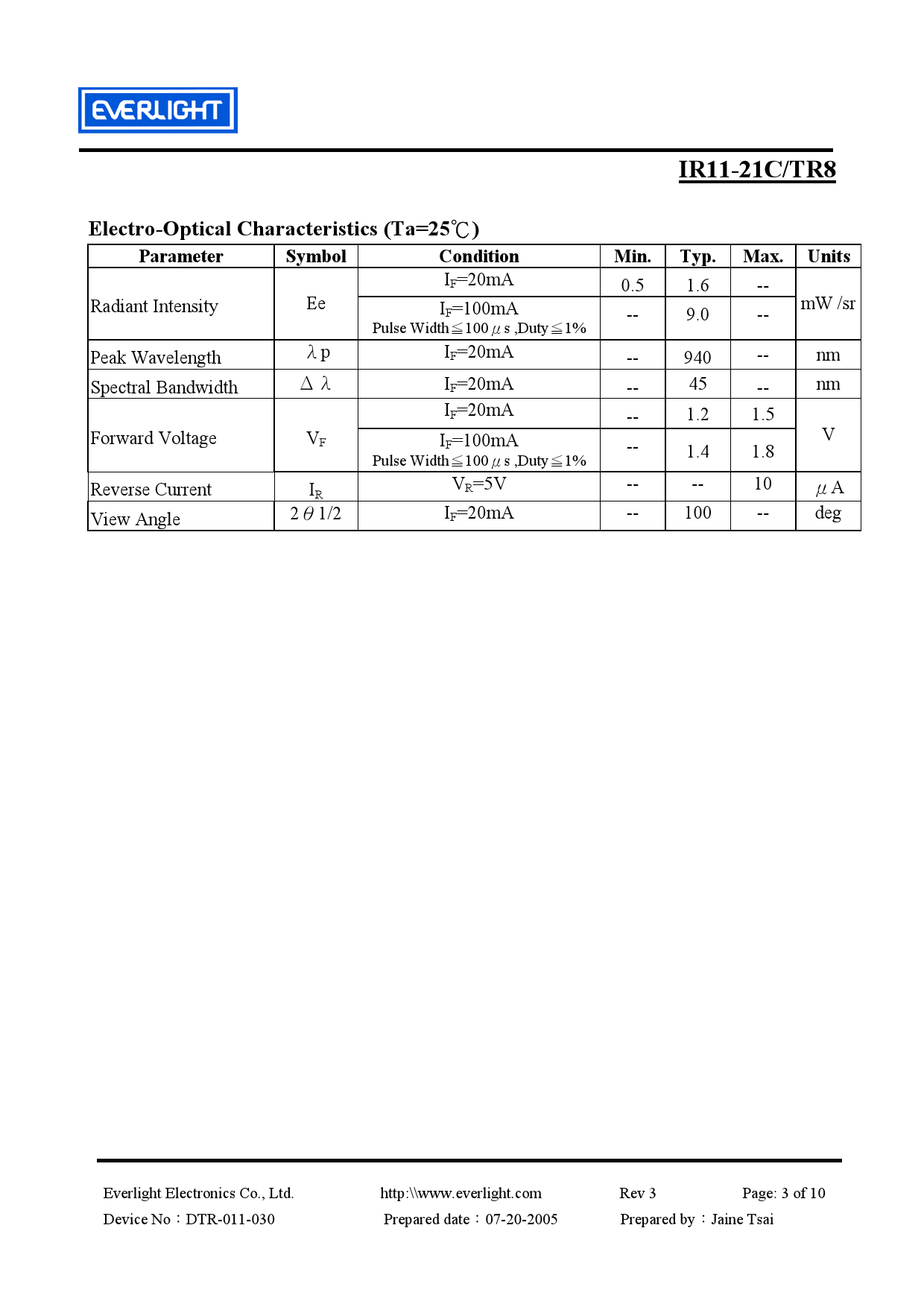 IR11-21C/TR8_（EVERLIGHT(台湾亿光)）IR11-21C/TR8中文资料_价格_PDF手册-立创电子商城