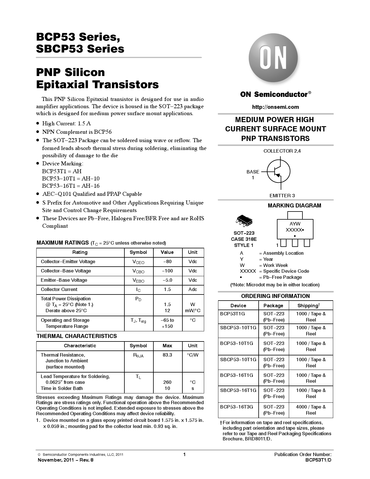 BCP53-10T1G_（onsemi(安森美)）BCP53-10T1G中文资料_价格_PDF手册-立创电子商城