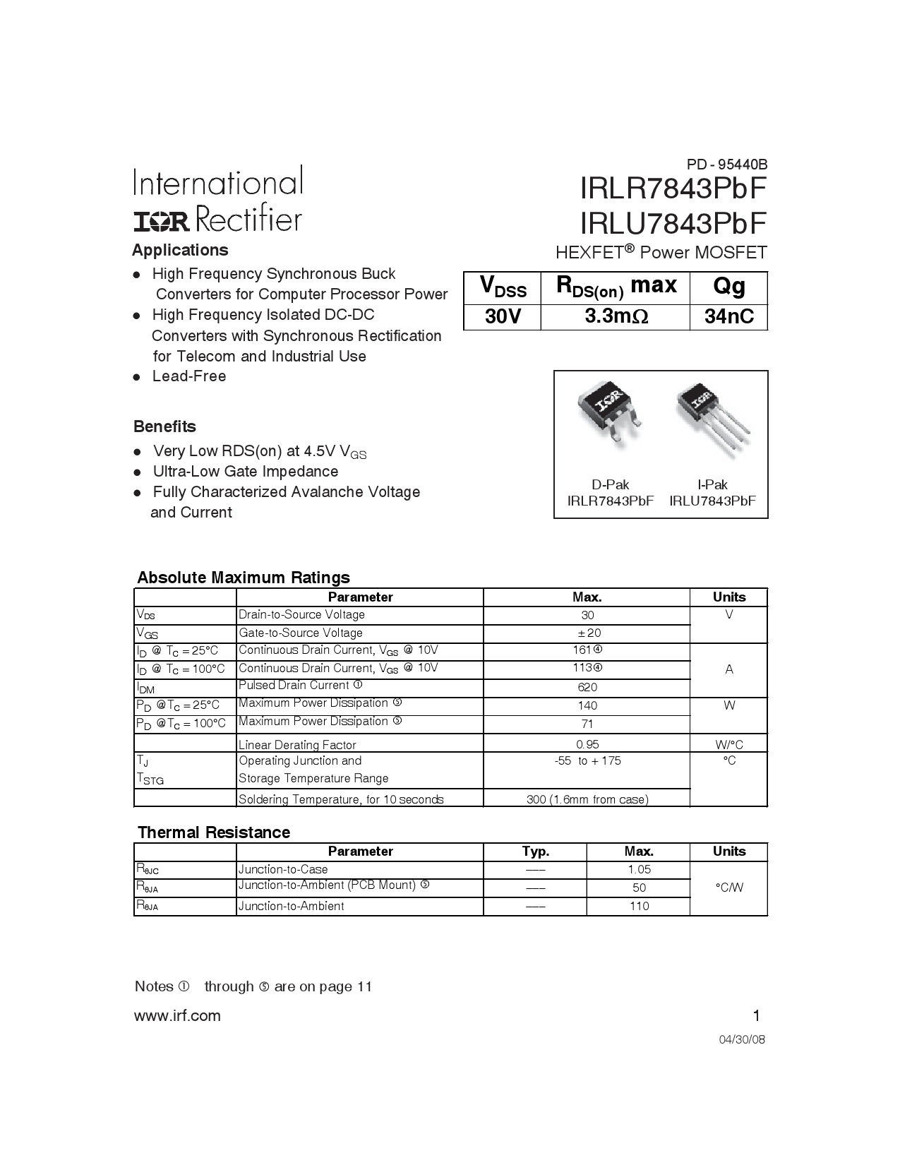 IRLR7843TRPBF_（Infineon(英飞凌)）IRLR7843TRPBF中文资料_价格_PDF手册-立创电子商城
