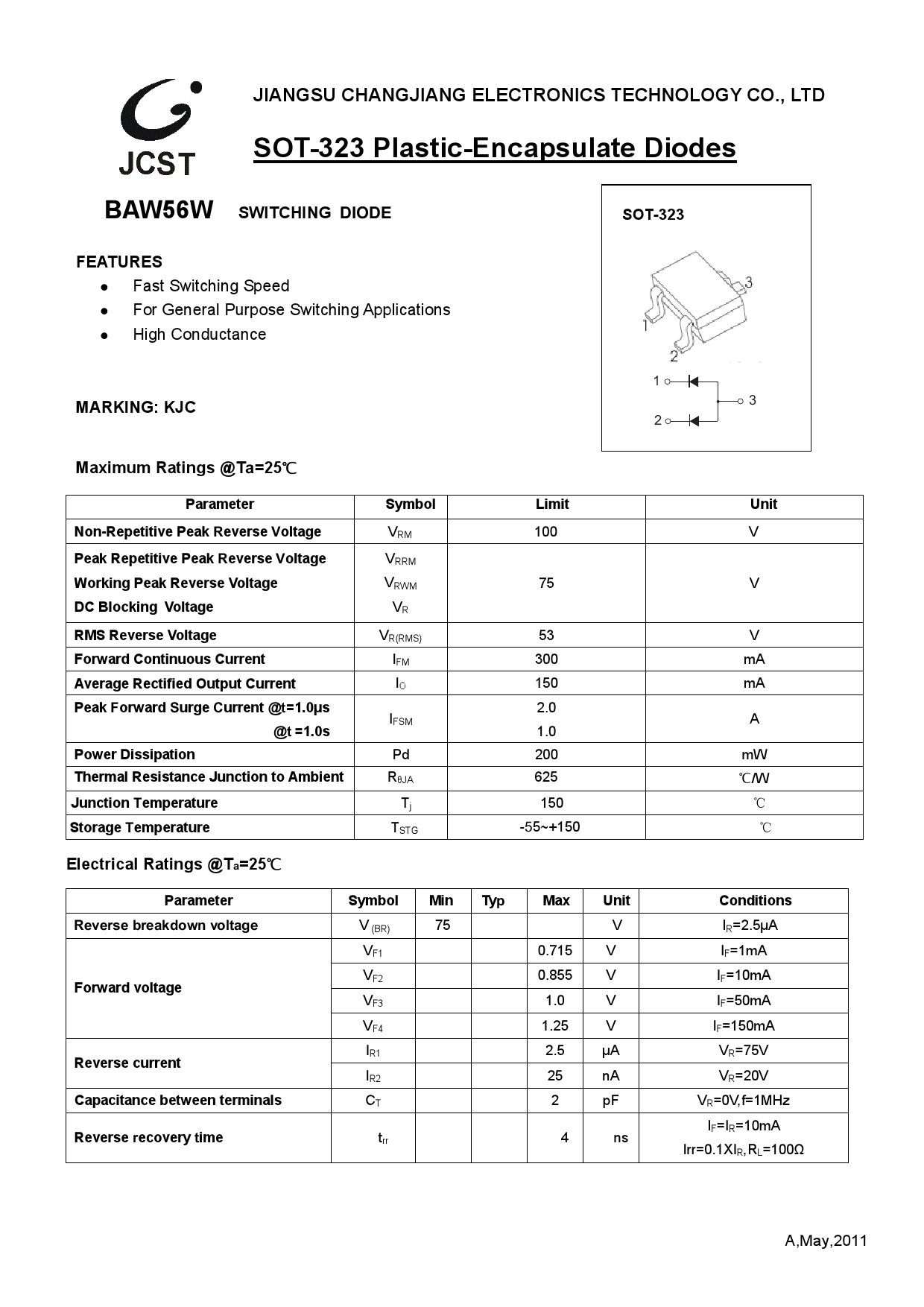 BAW56W_（CJ(江苏长电/长晶)）BAW56W中文资料_价格_PDF手册-立创电子商城
