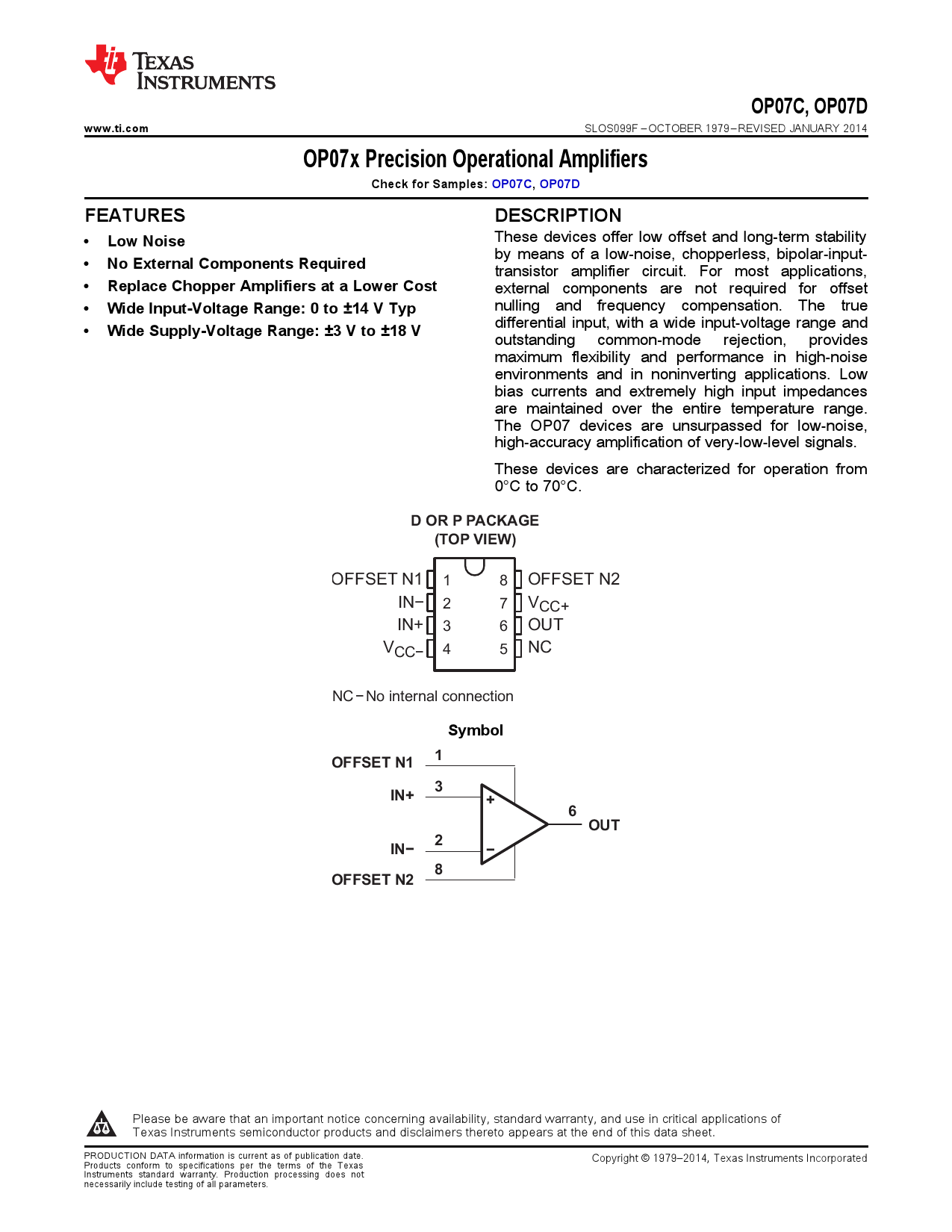 OP07CP_（TI(德州仪器)）OP07CP中文资料_价格_PDF手册-立创电子商城