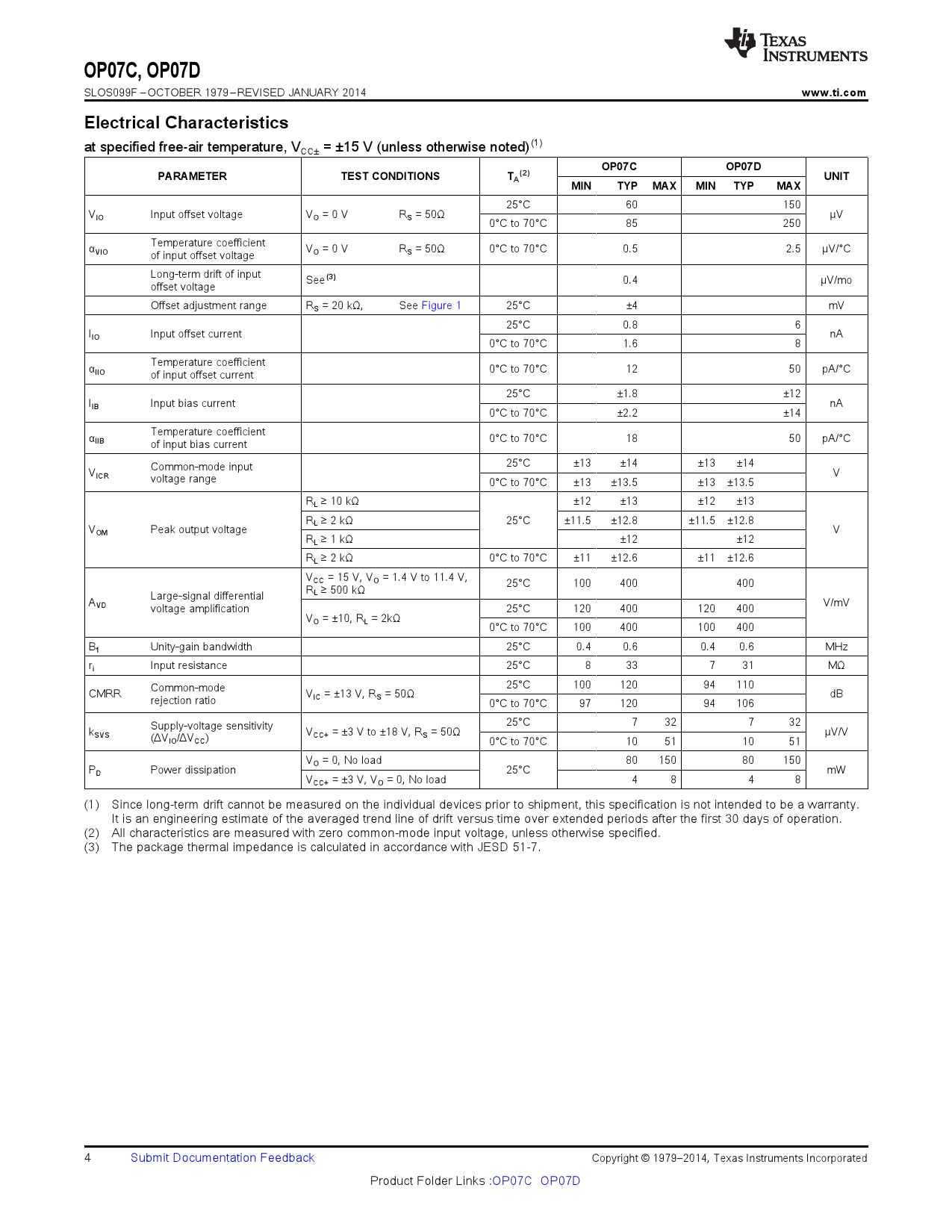 OP07CP_（TI(德州仪器)）OP07CP中文资料_价格_PDF手册-立创电子商城