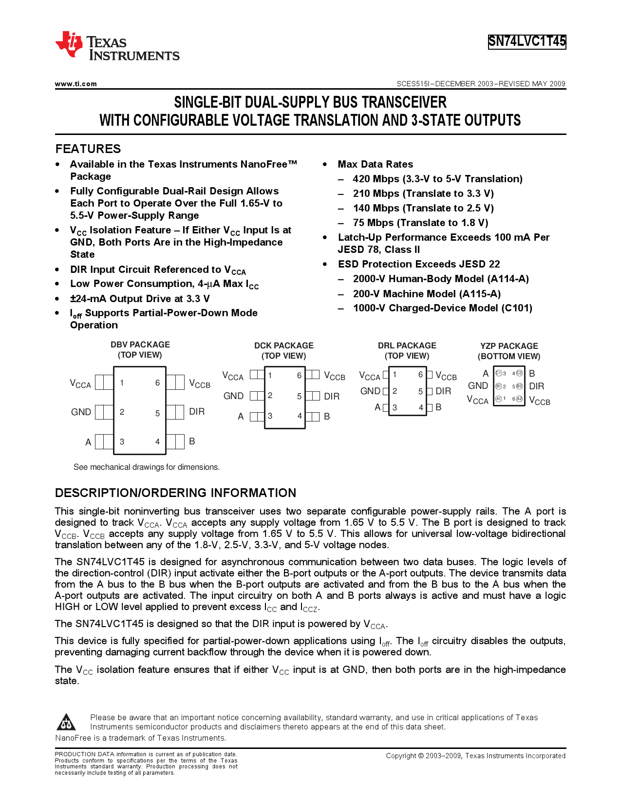 SN74LVC1T45DBVR_（TI(德州仪器)）SN74LVC1T45DBVR中文资料_价格_PDF手册-立创电子商城