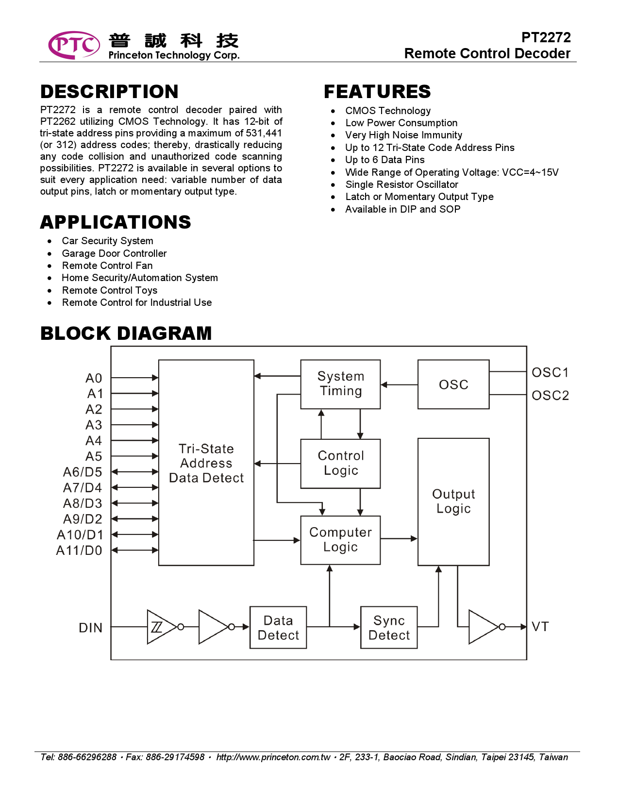 pt2272-m4_（PTC(台湾普诚)）pt2272-m4中文资料_价格_PDF手册-立创电子商城