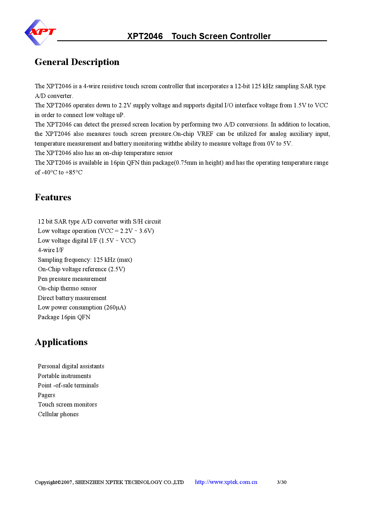 XPT2046_（XPT(矽普特)）XPT2046中文资料_价格_PDF手册-立创电子商城