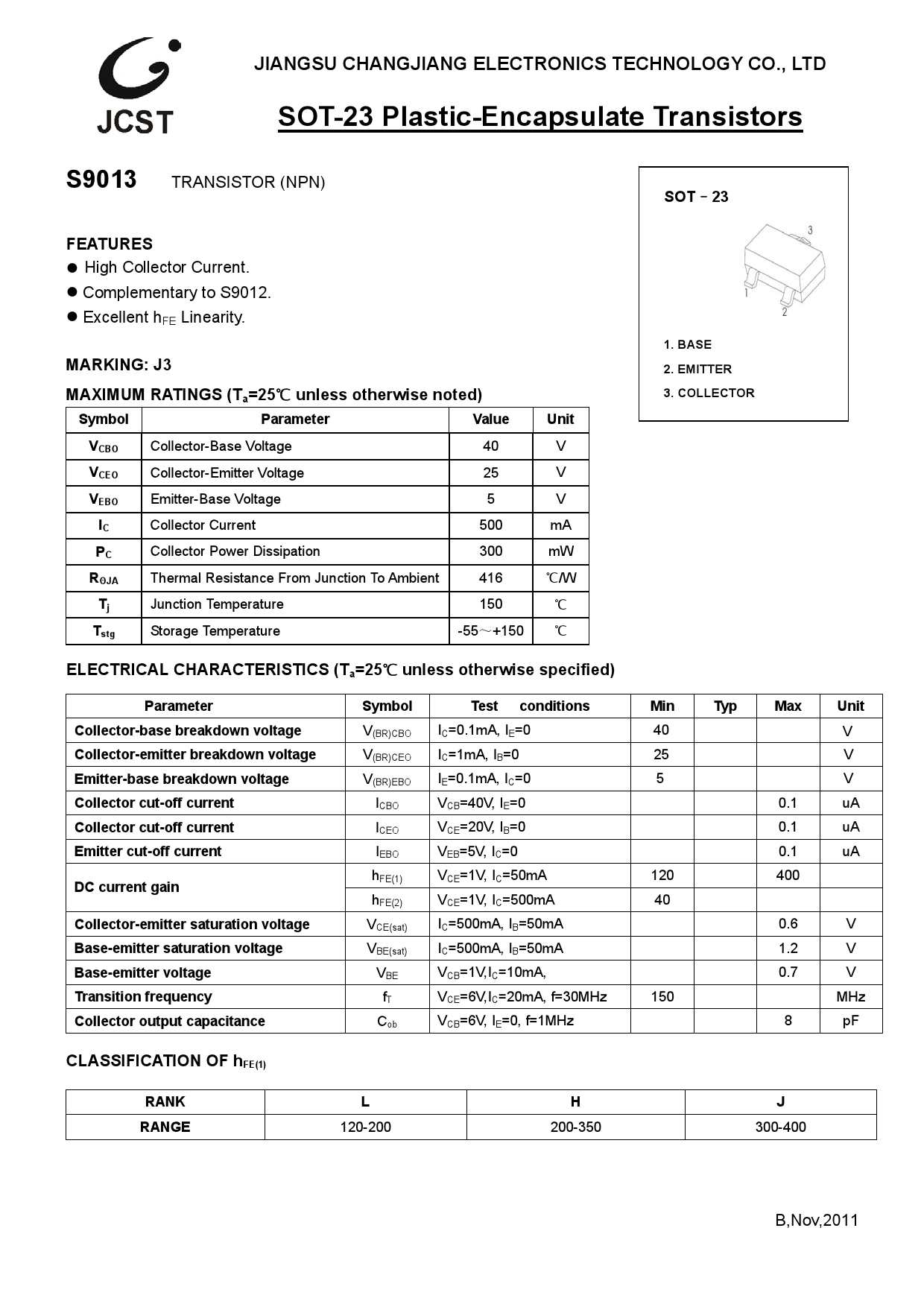 S9013 J3_（CJ(江苏长电/长晶)）S9013 J3中文资料_价格_PDF手册-立创电子商城