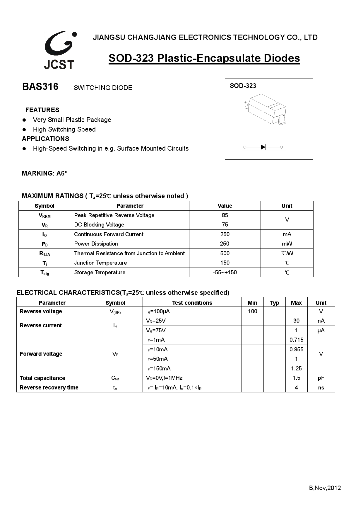 BAS316_（CJ（江苏长电/长晶））BAS316中文资料_价格_PDF手册-立创电子商城