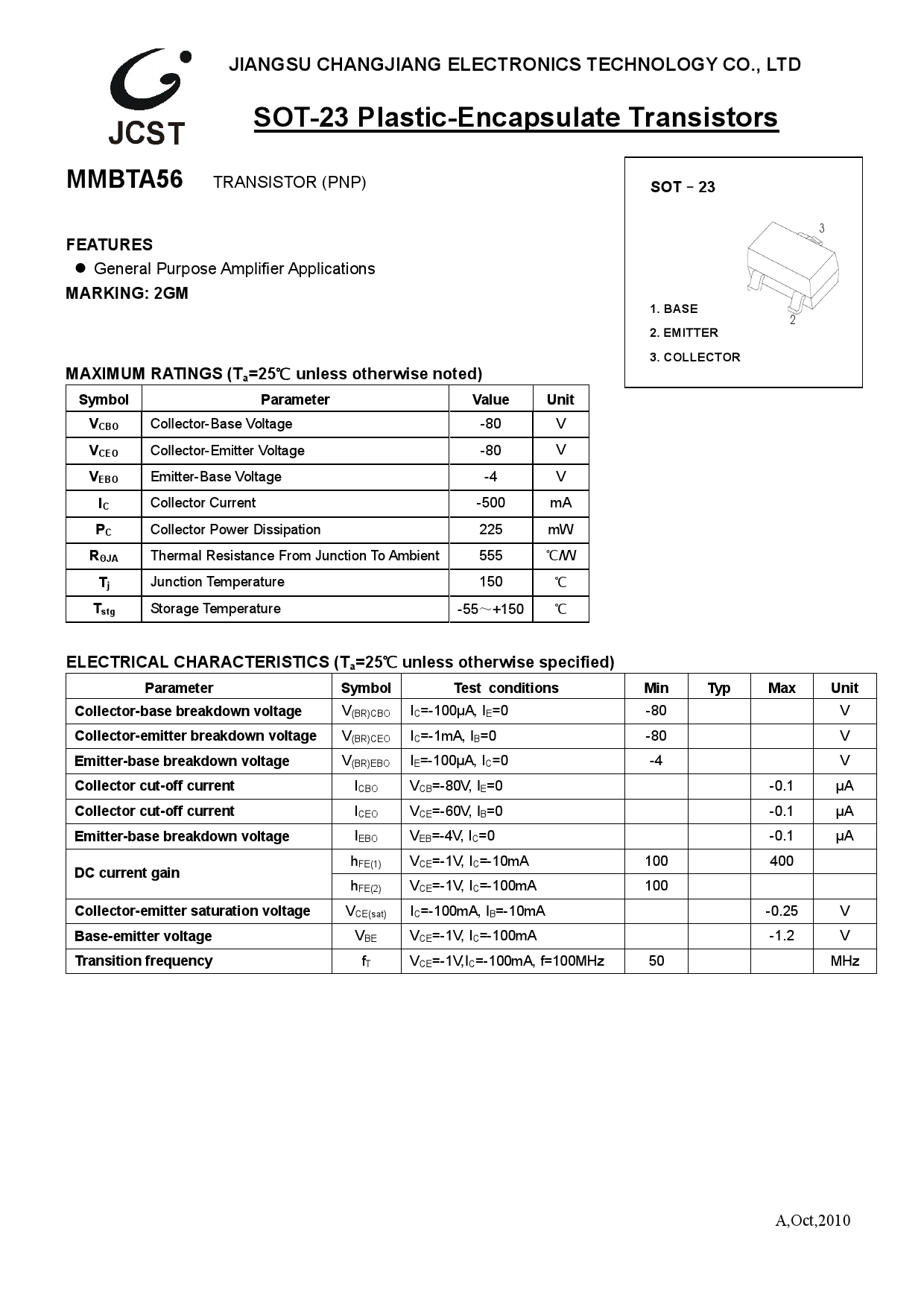 MMBTA56_（CJ（江苏长电/长晶））MMBTA56中文资料_价格_PDF手册-立创电子商城