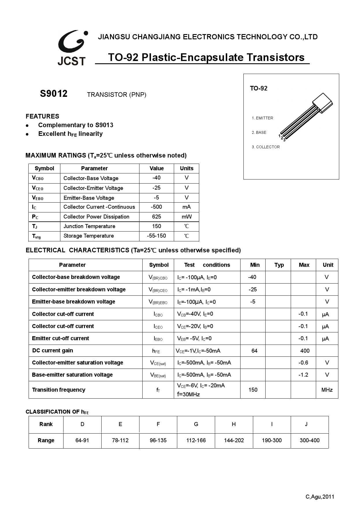 S9012_（CJ(江苏长电/长晶)）S9012中文资料_价格_PDF手册-立创电子商城