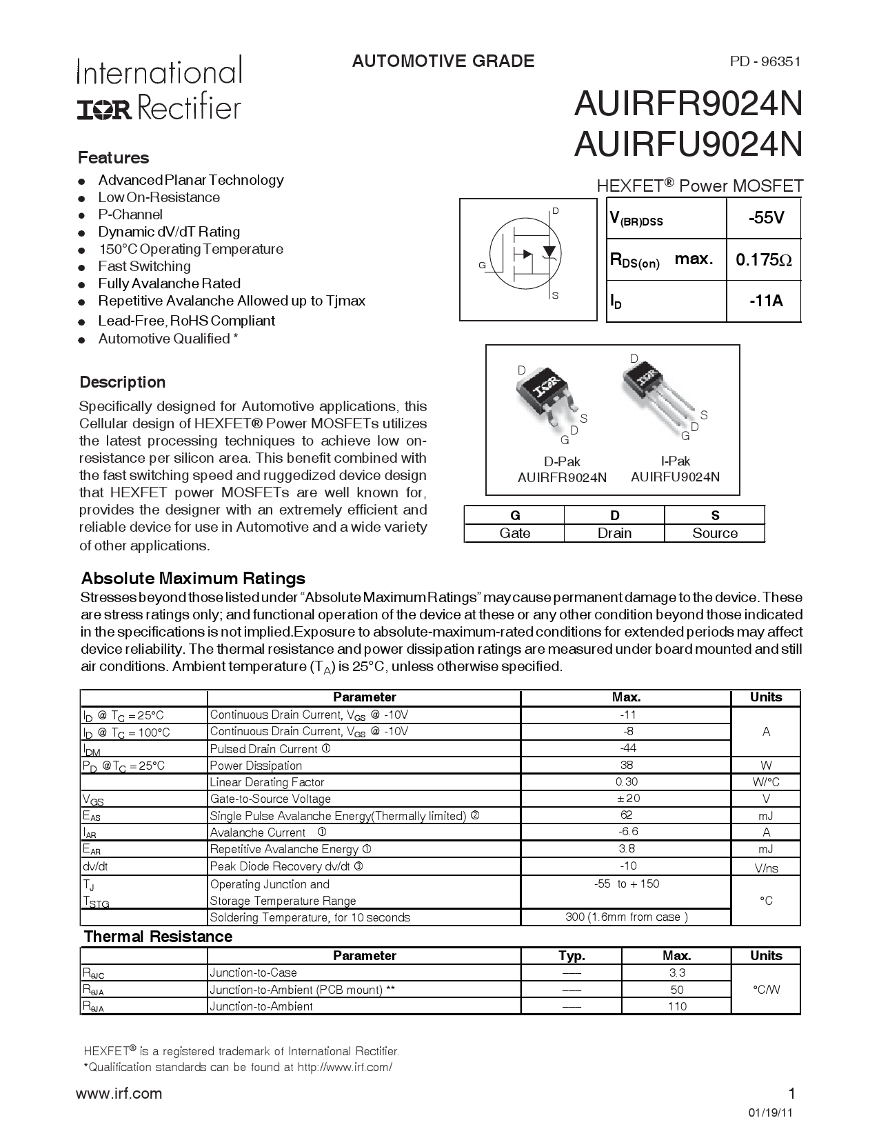 IRFR9024NTRPBF_（Infineon(英飞凌)）IRFR9024NTRPBF中文资料_价格_PDF手册-立创电子商城