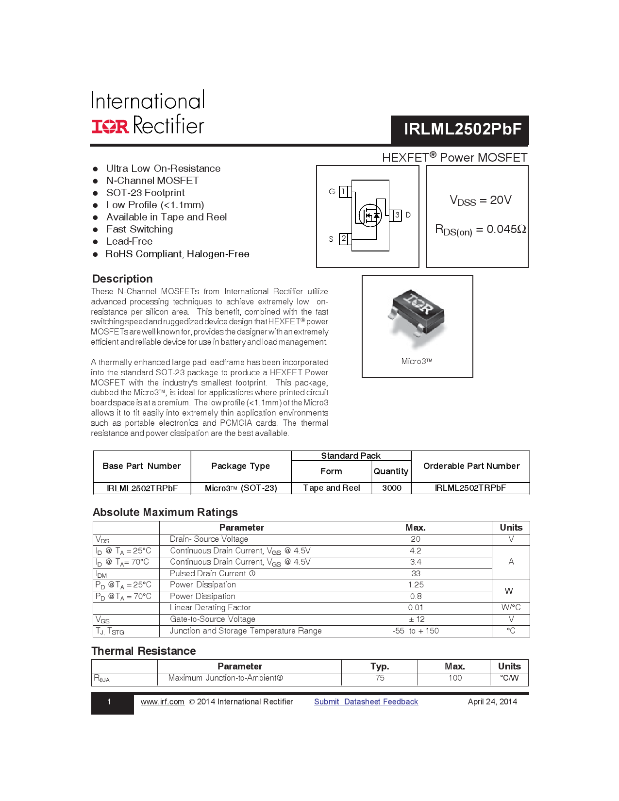IRLML2502TRPBF_（Infineon(英飞凌)）IRLML2502TRPBF中文资料_价格_PDF手册-立创电子商城