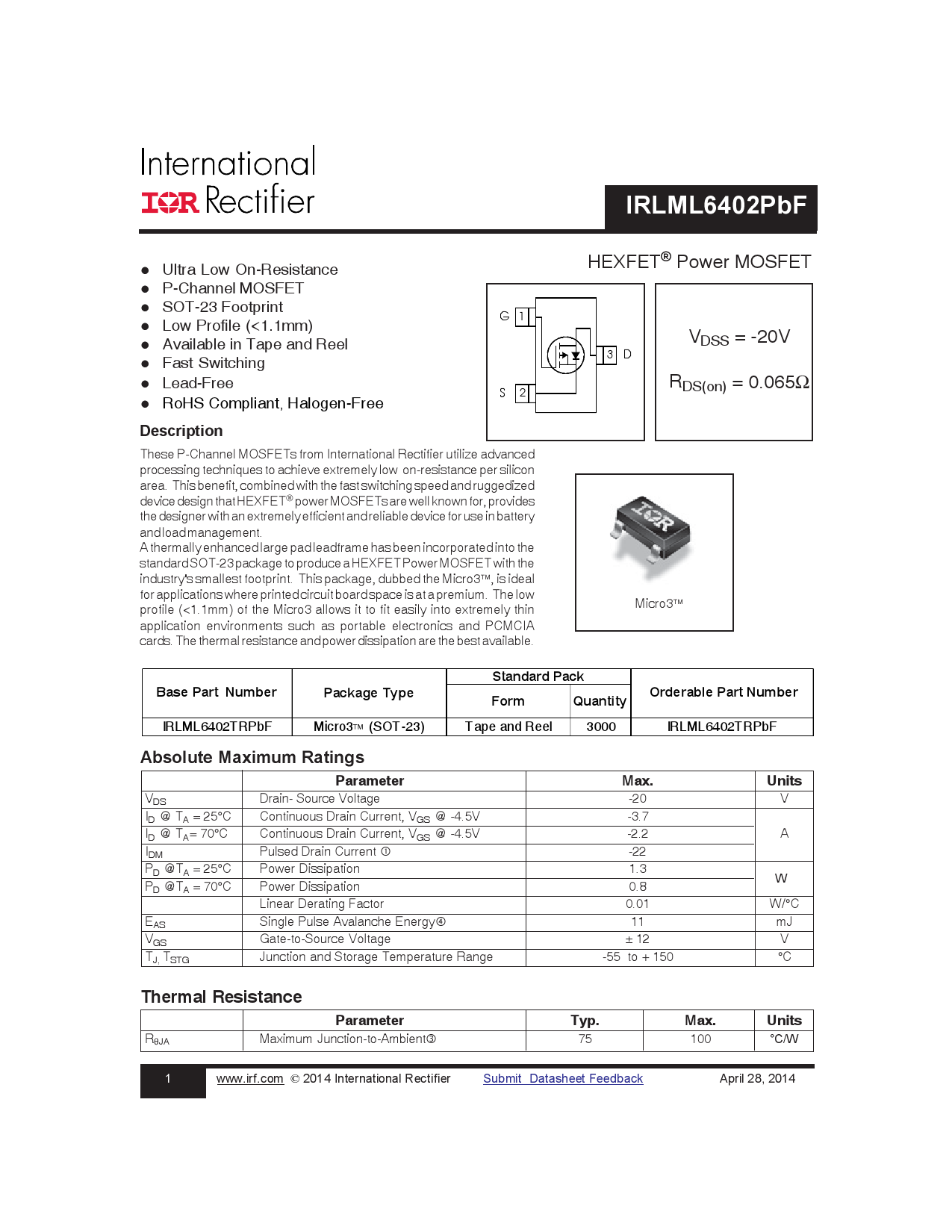 IRLML6402TRPBF_（Infineon(英飞凌)）IRLML6402TRPBF中文资料_价格_PDF手册-立创电子商城