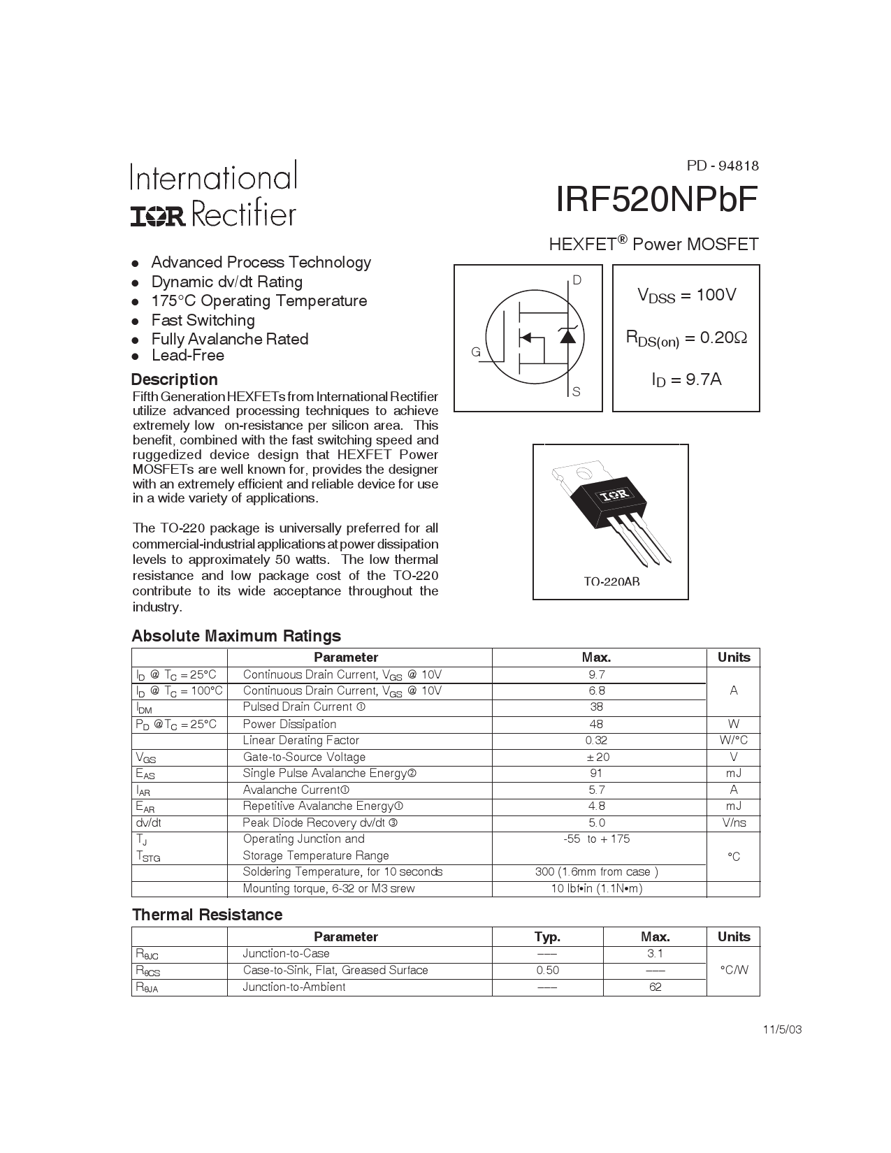 IRF520NPBF_（Infineon(英飞凌)）IRF520NPBF中文资料_价格_PDF手册-立创电子商城