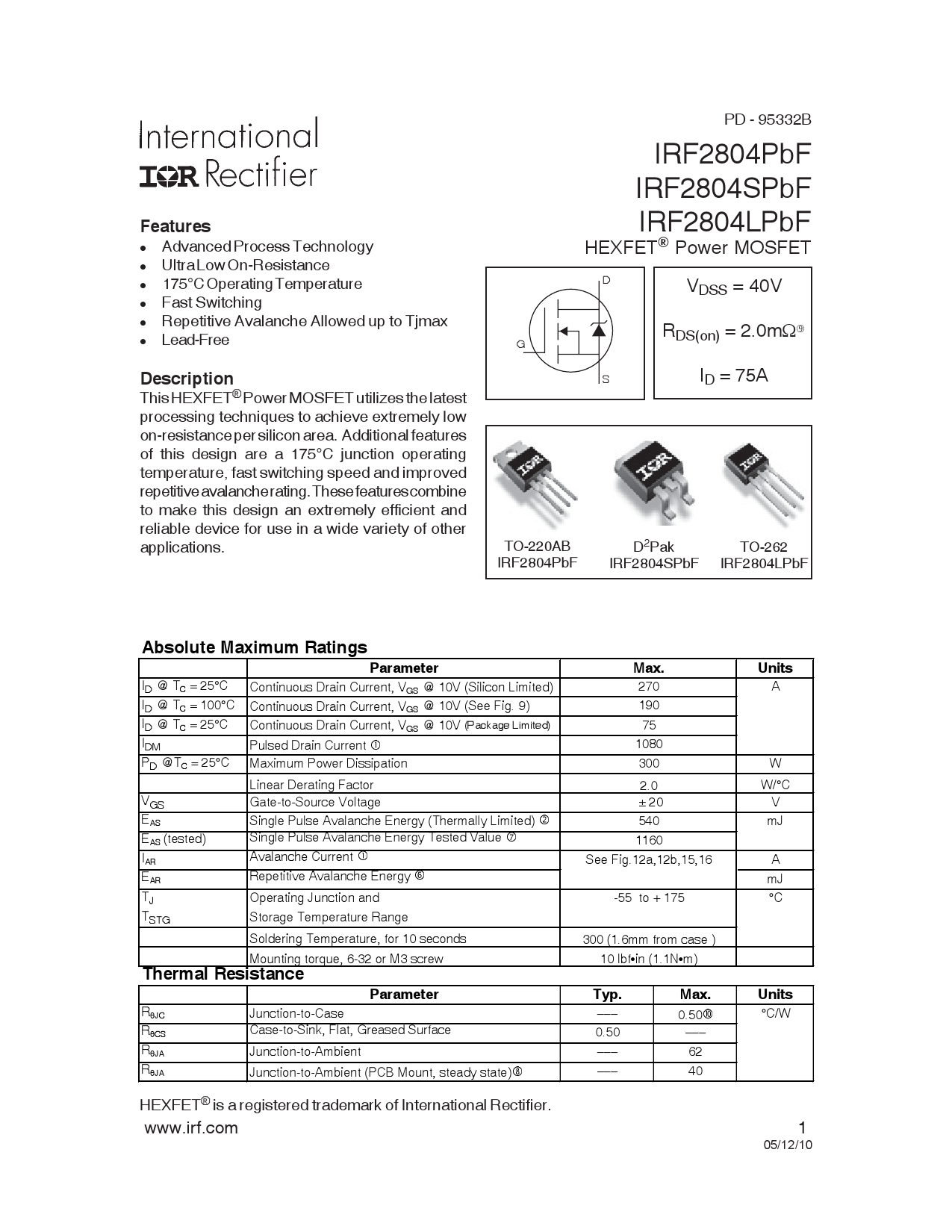IRF2804PBF_（Infineon(英飞凌)）IRF2804PBF中文资料_价格_PDF手册-立创电子商城