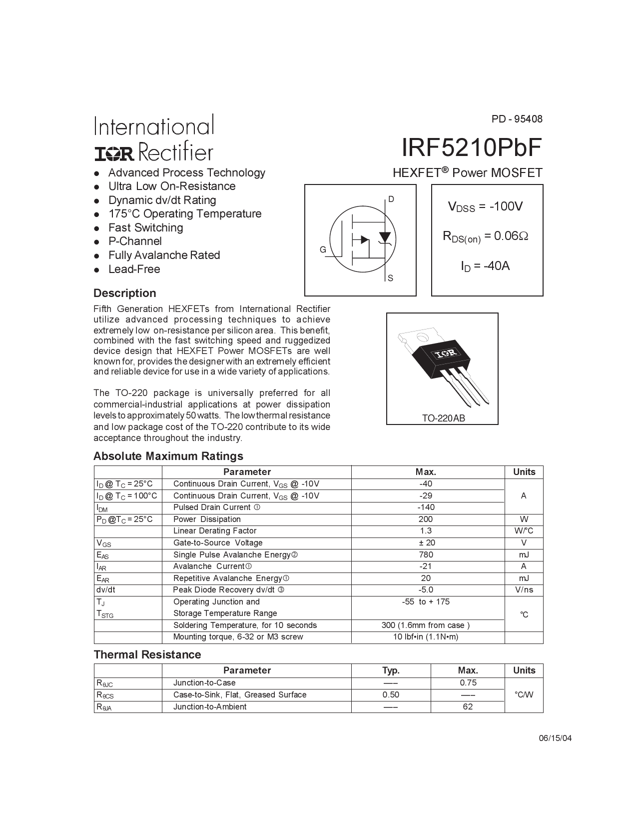 IRF5210PBF_（Infineon(英飞凌)）IRF5210PBF中文资料_价格_PDF手册-立创电子商城