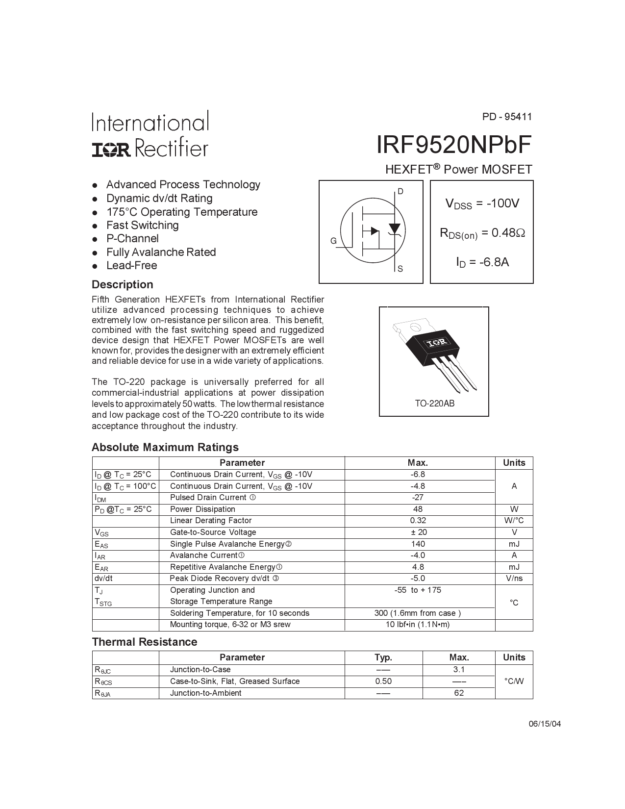 IRF9520NPBF_（Infineon(英飞凌)）IRF9520NPBF中文资料_价格_PDF手册-立创电子商城