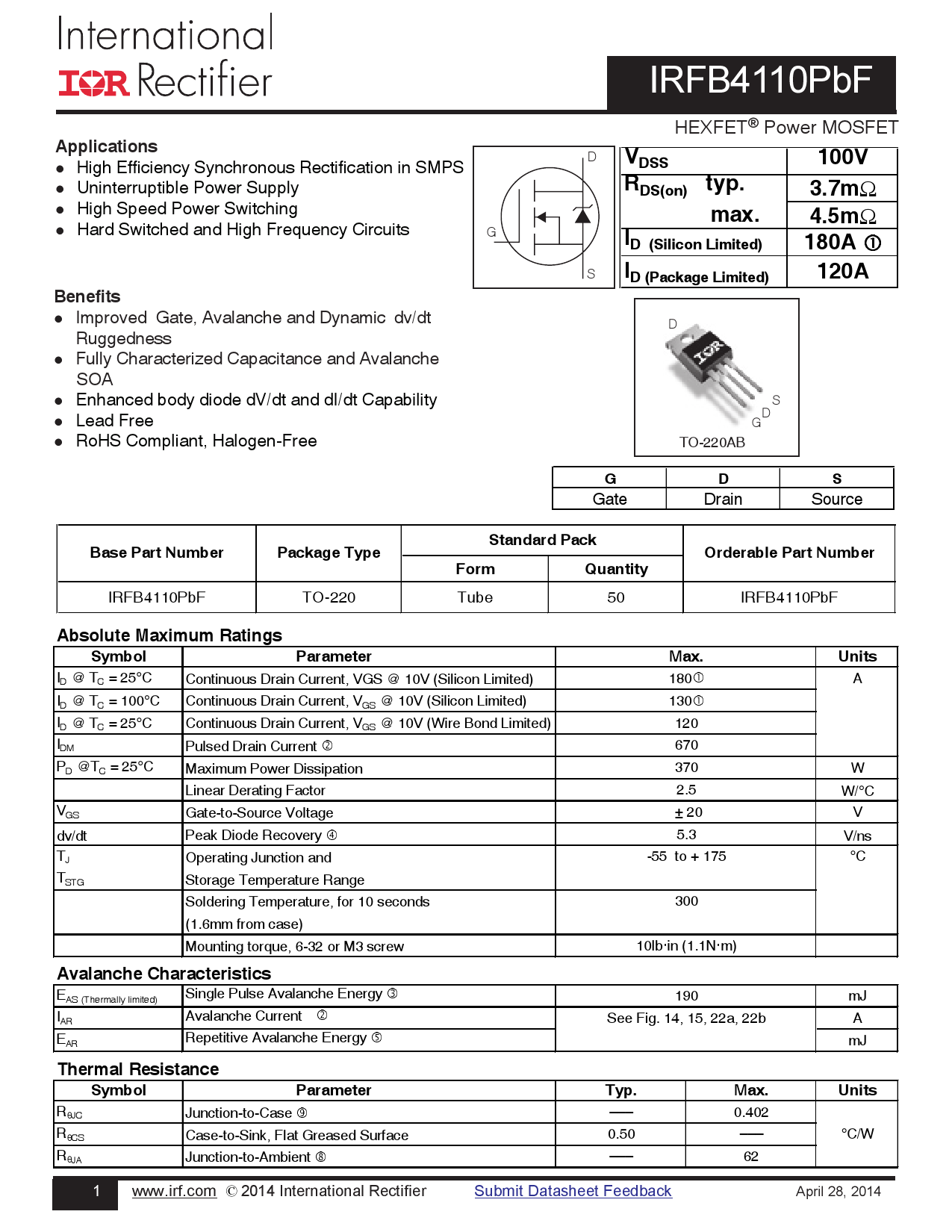 IRFB4110PBF_（Infineon(英飞凌)）IRFB4110PBF中文资料_价格_PDF手册-立创电子商城