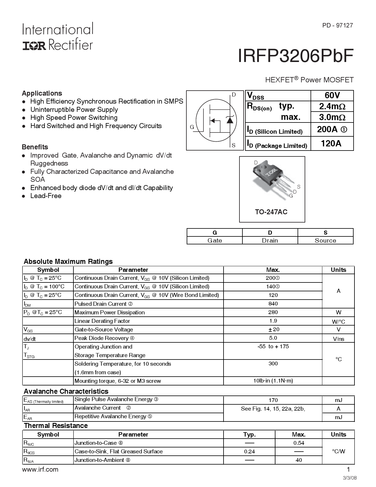 IRFP3206PBF_（Infineon(英飞凌)）IRFP3206PBF中文资料_价格_PDF手册-立创电子商城