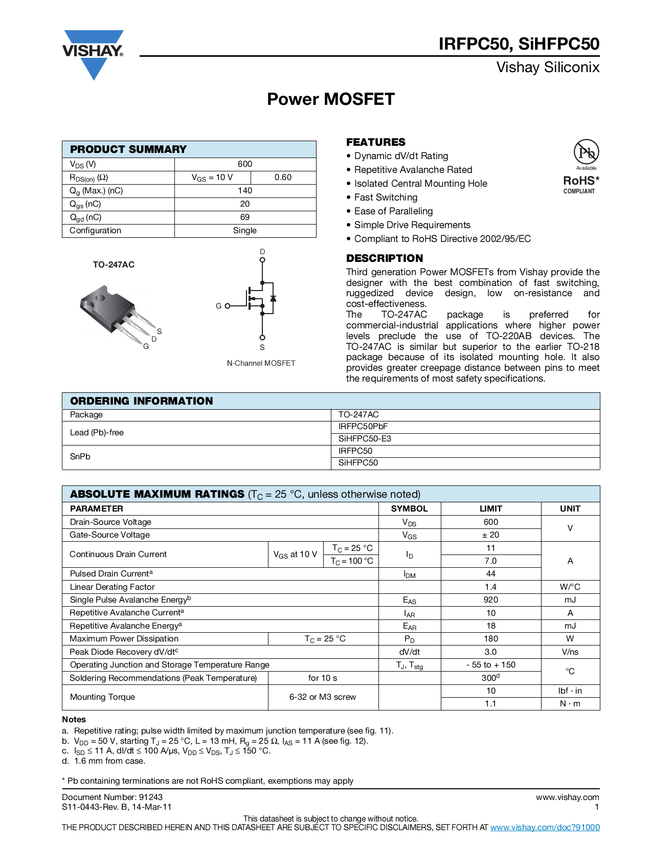 IRFPC50PBF_（Infineon(英飞凌)）IRFPC50PBF中文资料_价格_PDF手册-立创电子商城