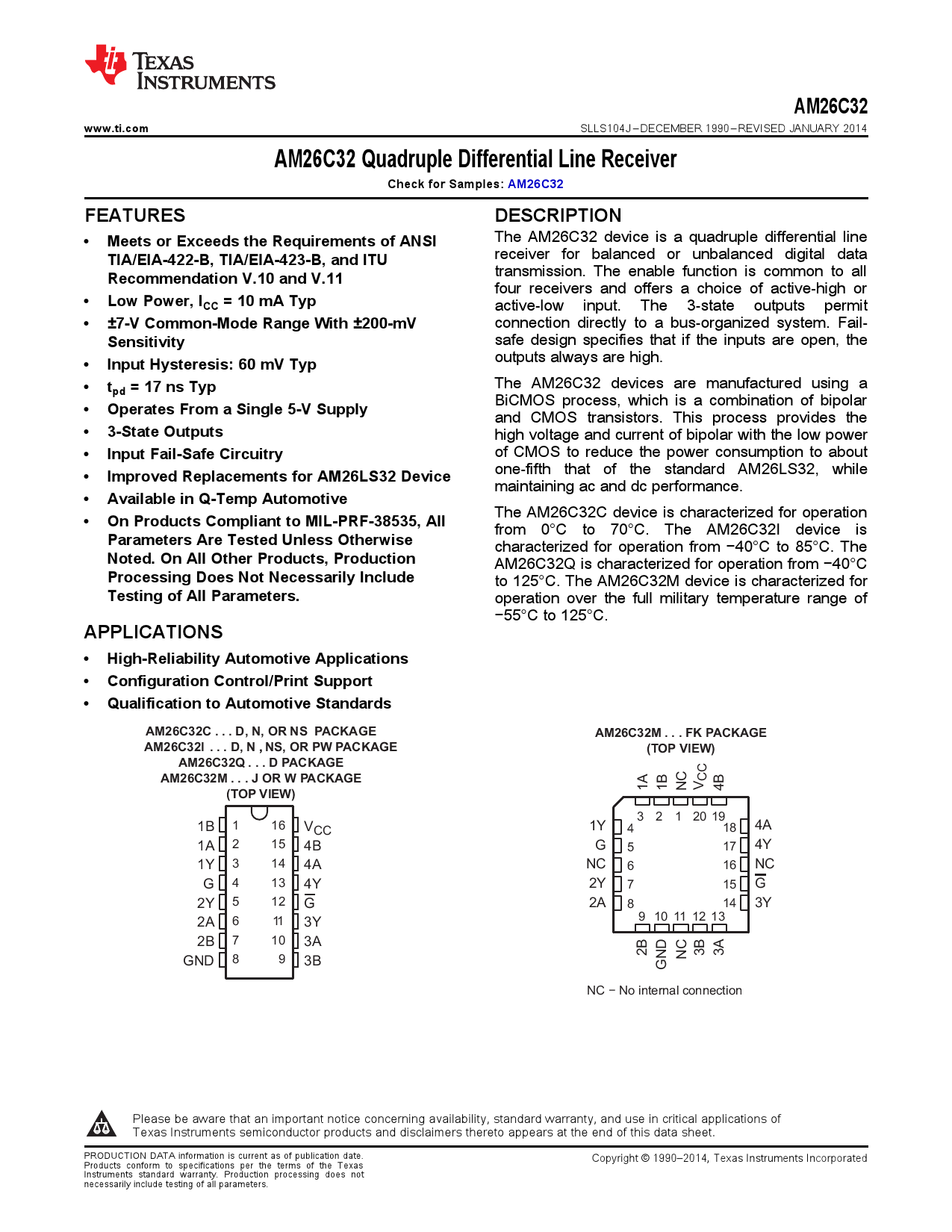 AM26C32IDR_（TI(德州仪器)）AM26C32IDR中文资料_价格_PDF手册-立创电子商城