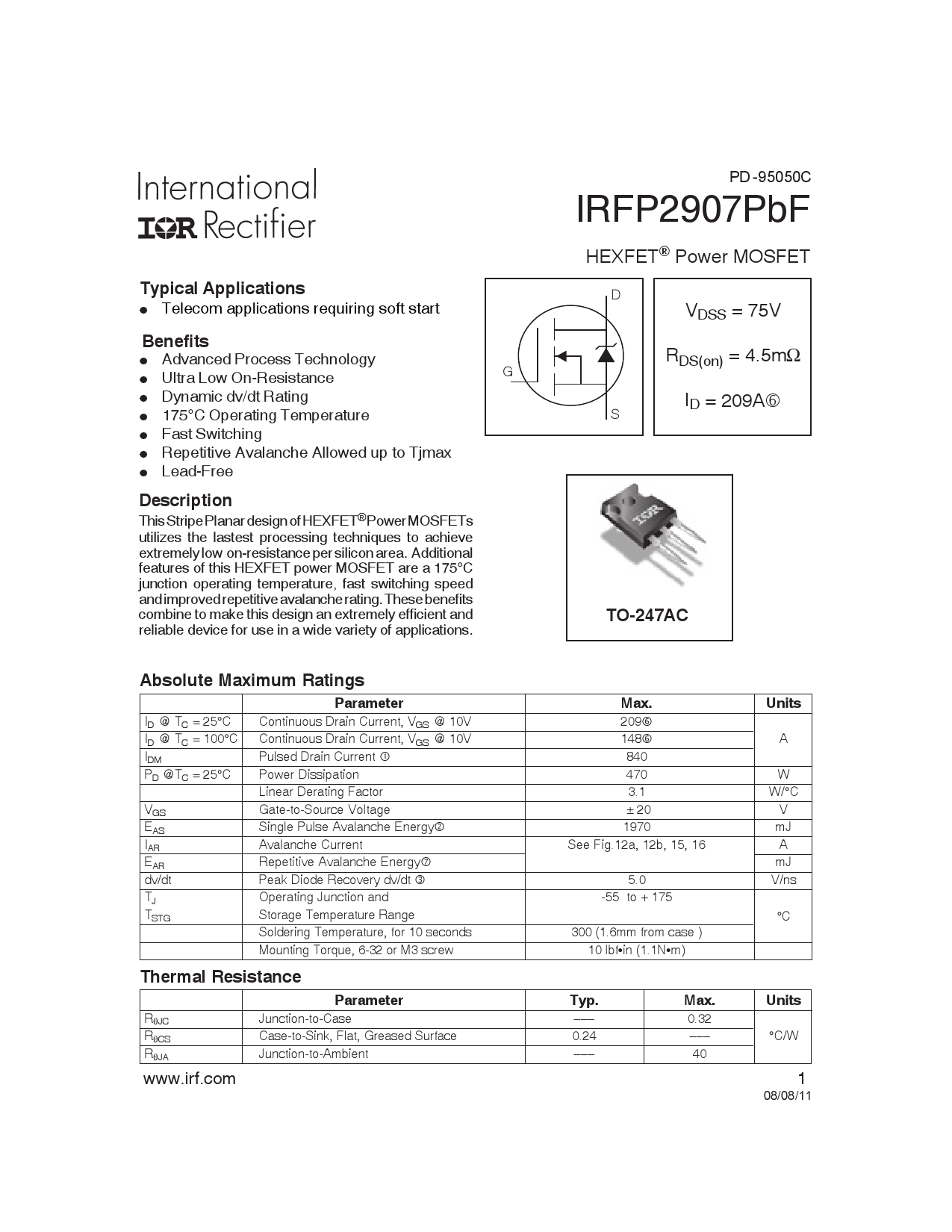 IRFP2907PBF_（Infineon(英飞凌)）IRFP2907PBF中文资料_价格_PDF手册-立创电子商城