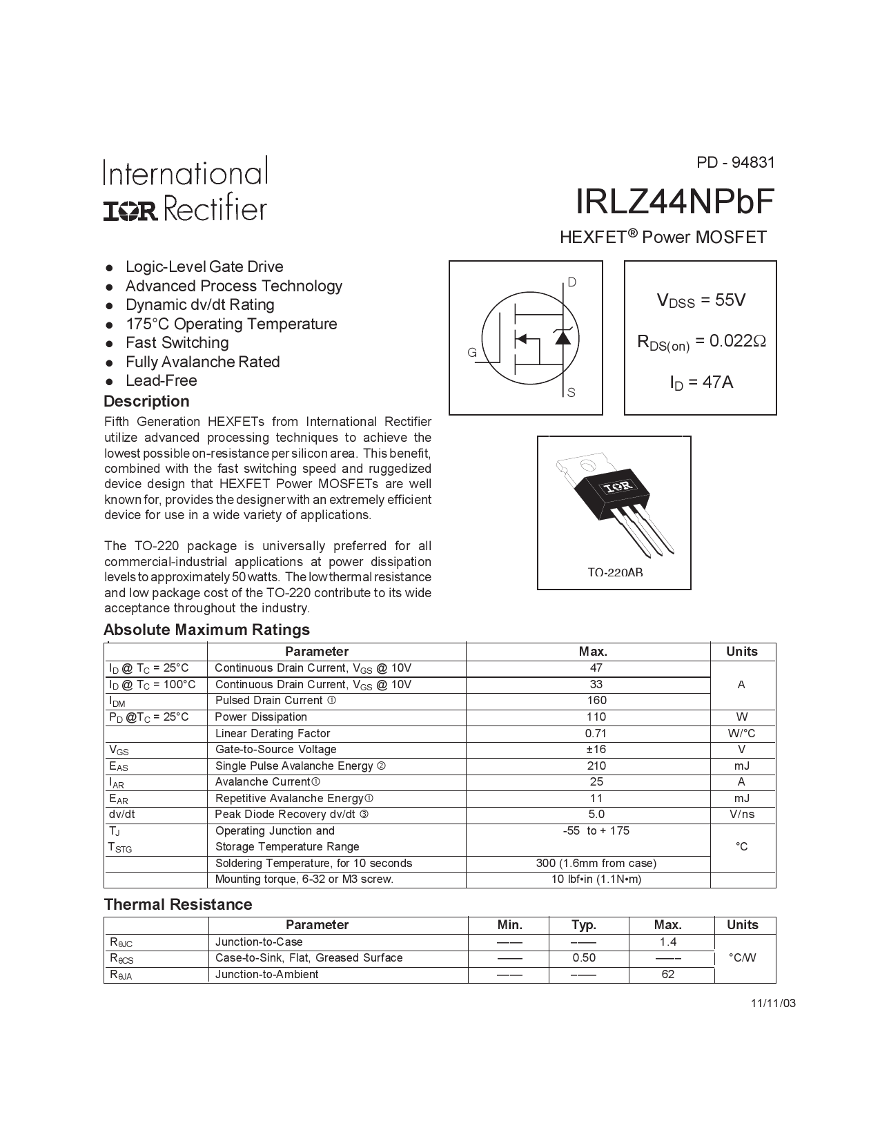 IRLZ44NPBF_（Infineon(英飞凌)）IRLZ44NPBF中文资料_价格_PDF手册-立创电子商城