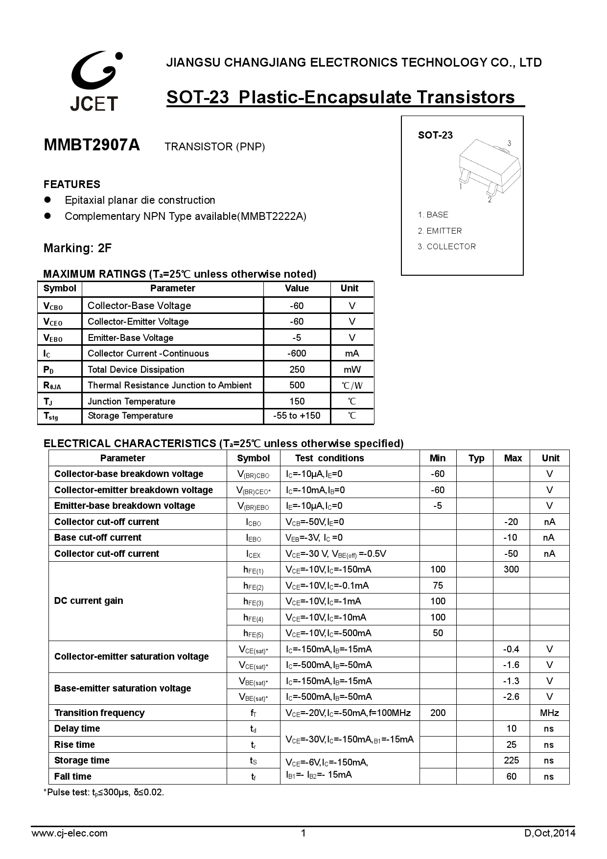 MMBT2907A_（CJ（江苏长电/长晶））MMBT2907A中文资料_价格_PDF手册-立创电子商城