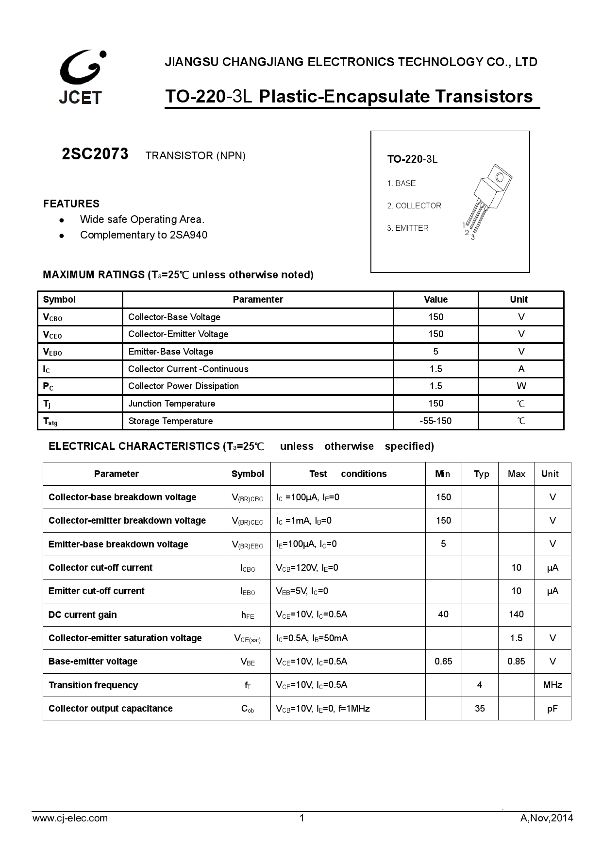 2SC2073_（CJ(江苏长电/长晶)）2SC2073中文资料_价格_PDF手册-立创电子商城