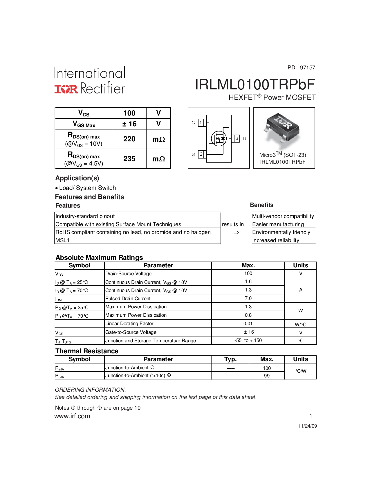 IRLML0100TRPBF_（Infineon(英飞凌)）IRLML0100TRPBF中文资料_价格_PDF手册-立创电子商城