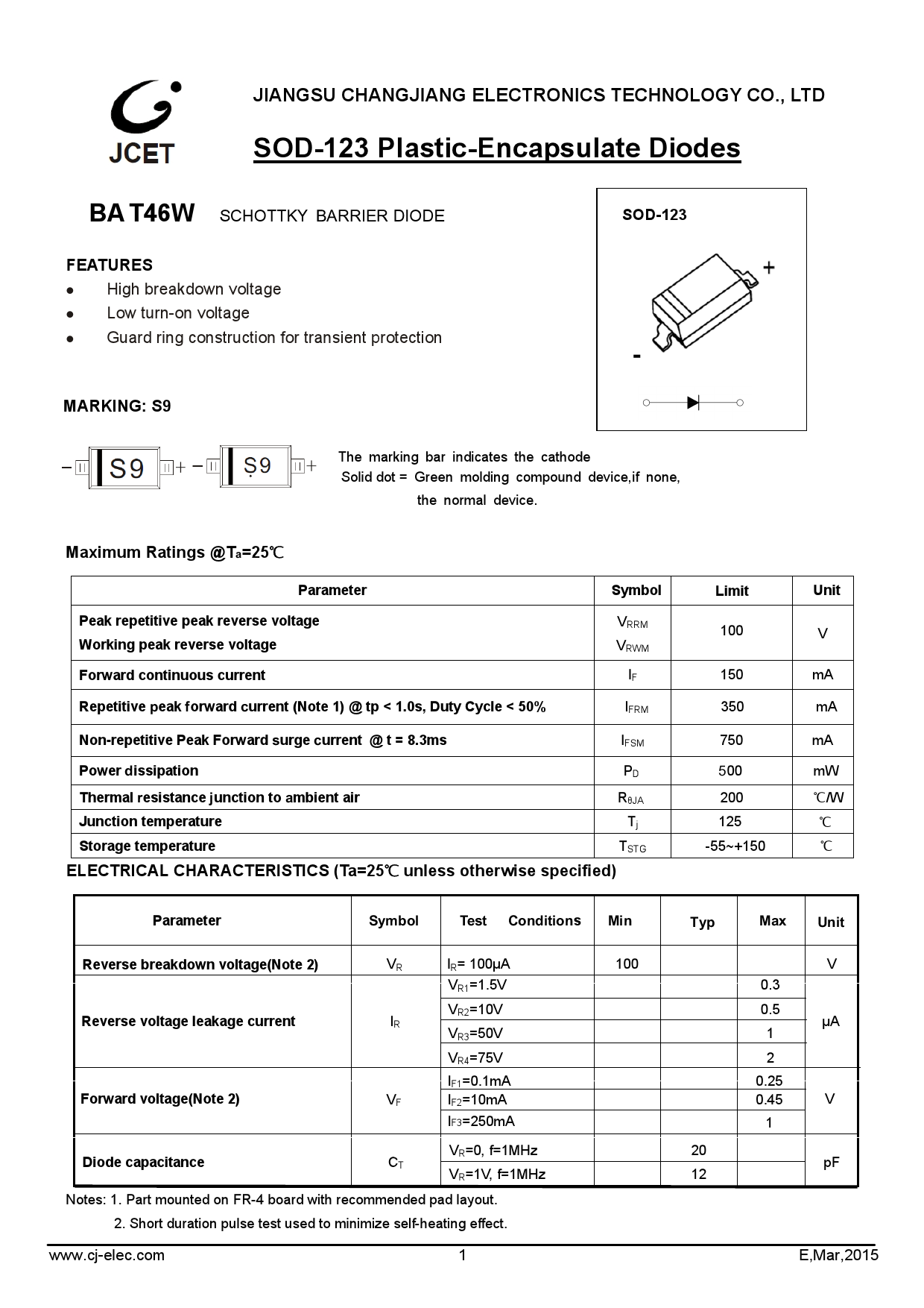 BAT46W_（CJ（江苏长电/长晶））BAT46W中文资料_价格_PDF手册-立创电子商城