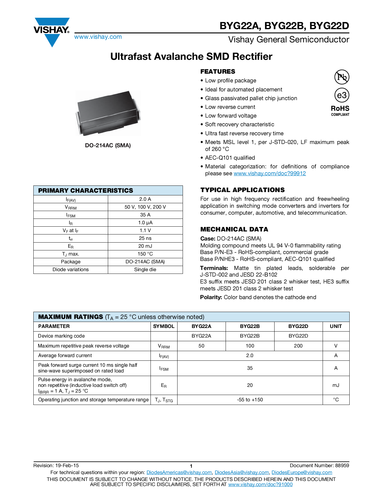 BYG22D-E3/TR_（VISHAY(威世)）BYG22D-E3/TR中文资料_价格_PDF手册-立创电子商城