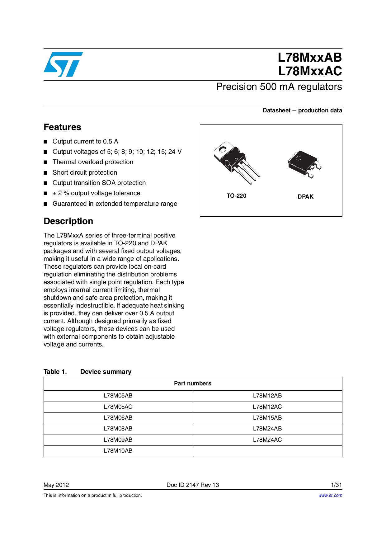 L78M05ABDT-TR_（ST(意法半导体)）L78M05ABDT-TR中文资料_价格_PDF手册-立创电子商城