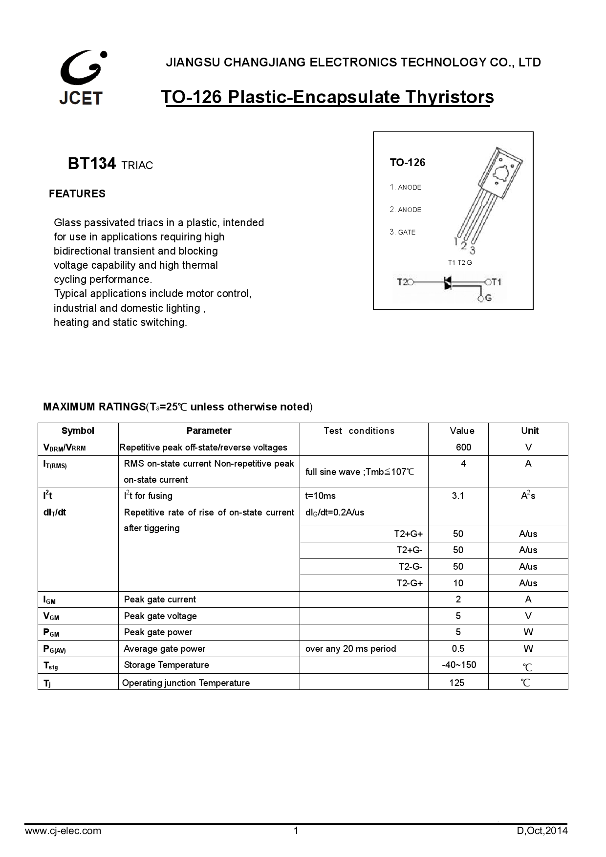 BT134_（CJ(江苏长电/长晶)）BT134中文资料_价格_PDF手册-立创电子商城