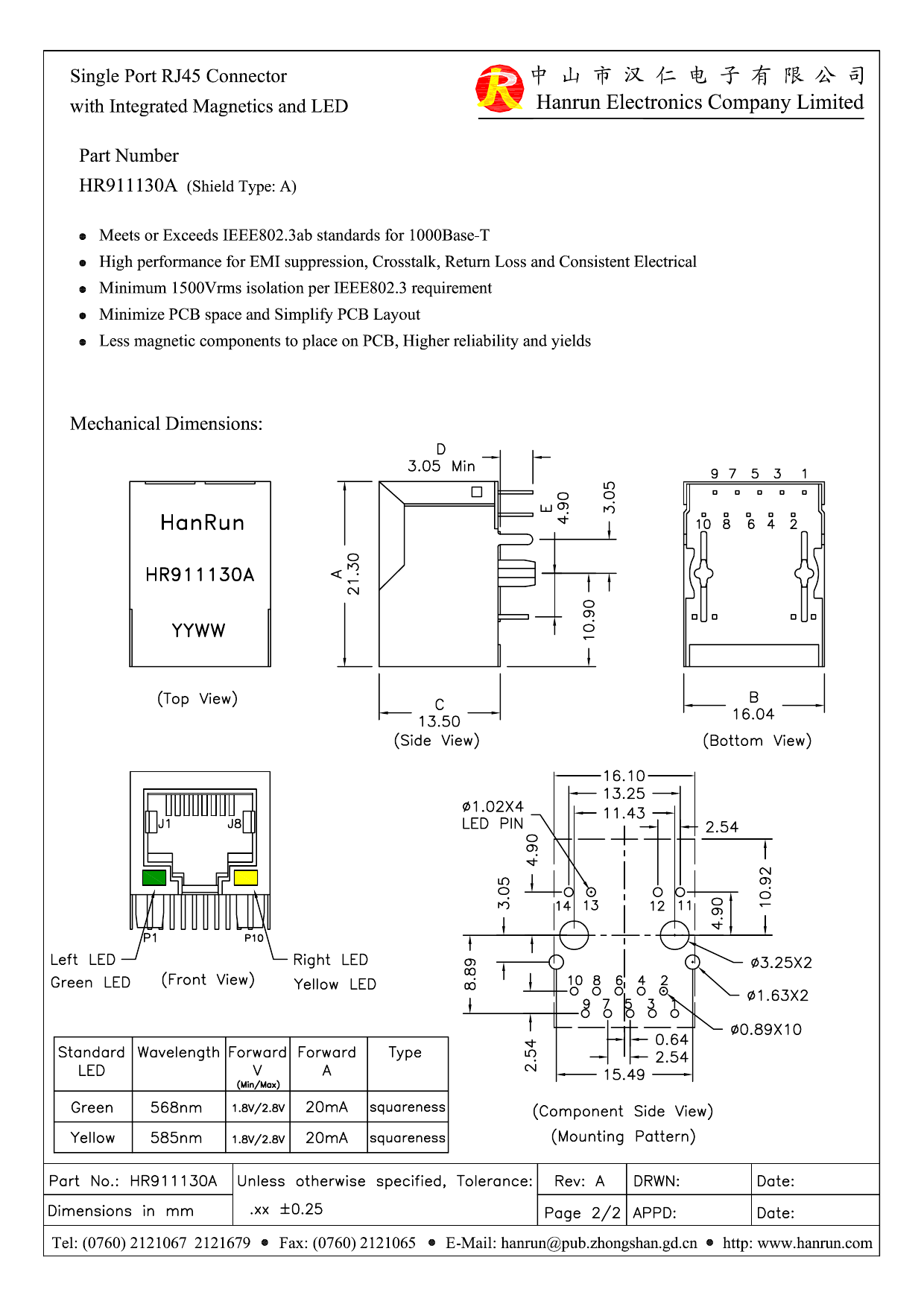 HR911130A_（HANRUN(汉仁)）HR911130A中文资料_价格_PDF手册-立创电子商城