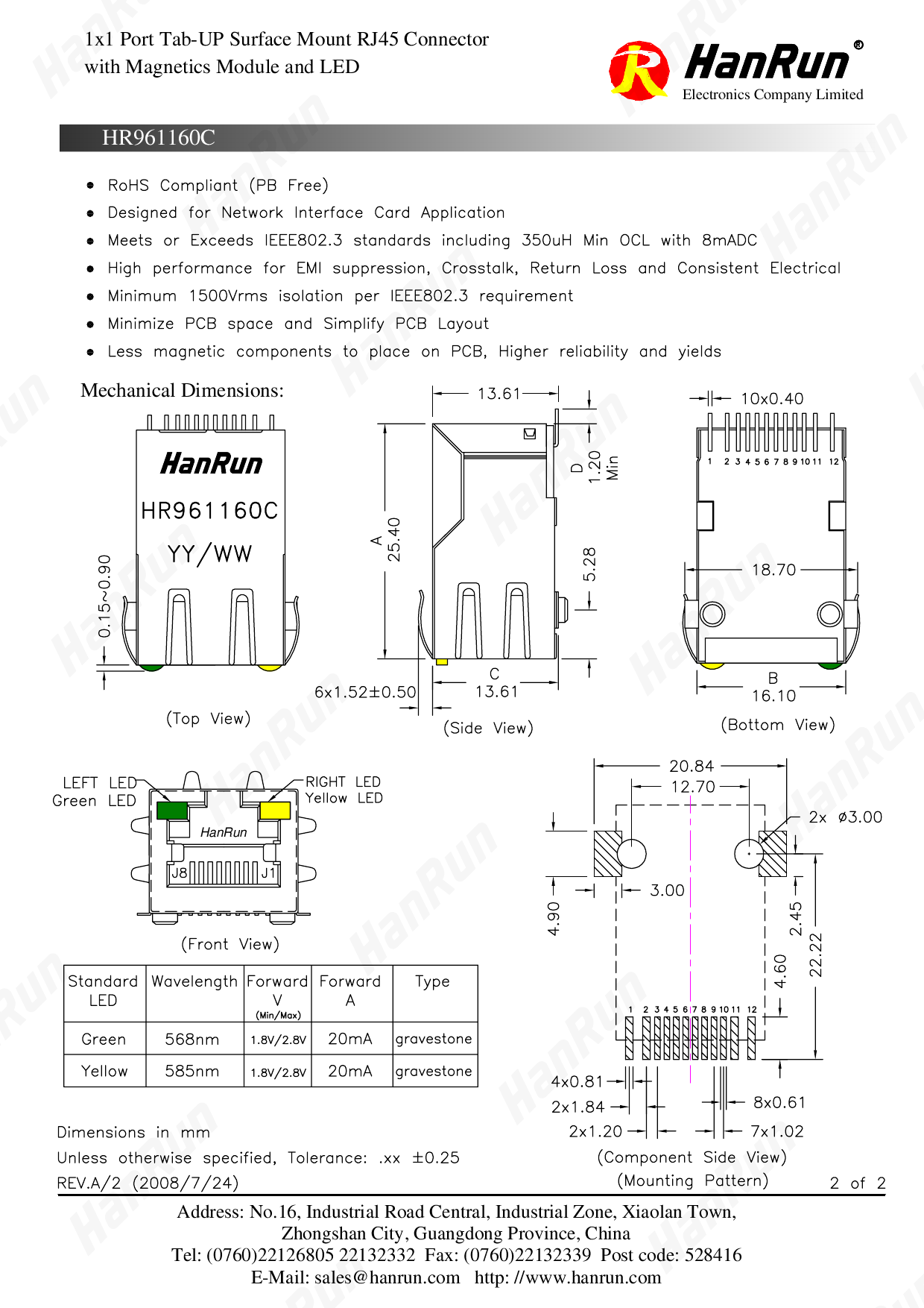 HR961160C_（HANRUN(汉仁)）HR961160C中文资料_价格_PDF手册-立创电子商城