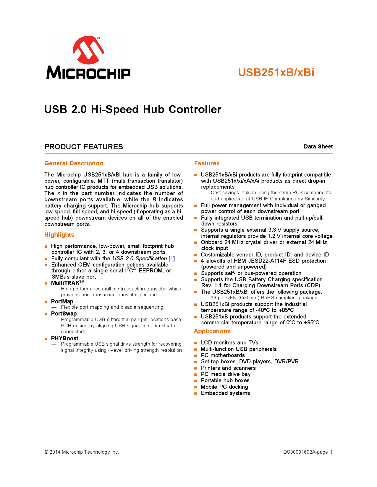 USB2514BI-AEZG-TR_（MICROCHIP(美国微芯)）USB2514BI-AEZG-TR中文资料_价格_PDF手册-立创电子商城
