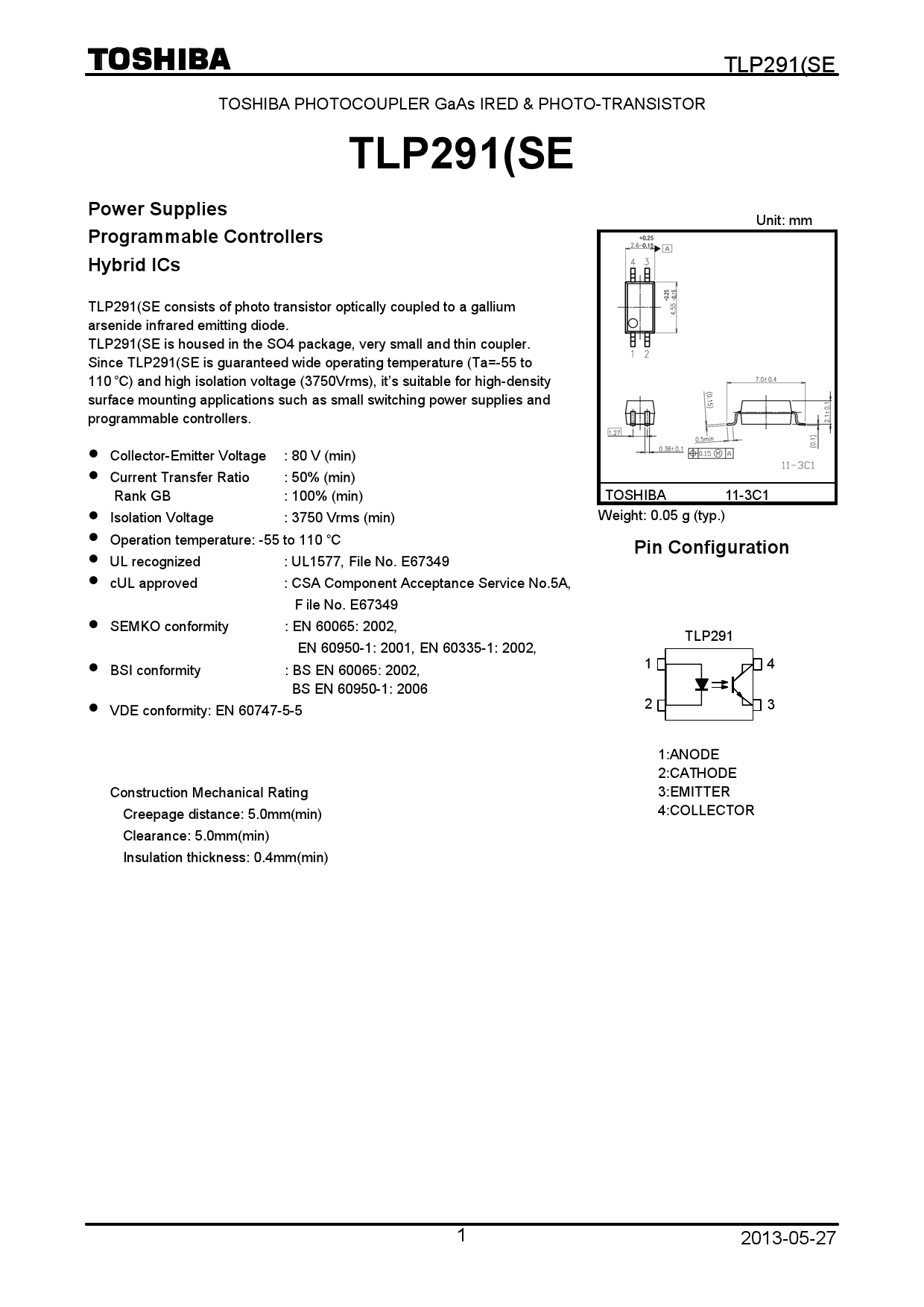 TLP291(GR-TP,SE_（TOSHIBA(东芝)）TLP291(GR-TP,SE中文资料_价格_PDF手册-立创电子商城