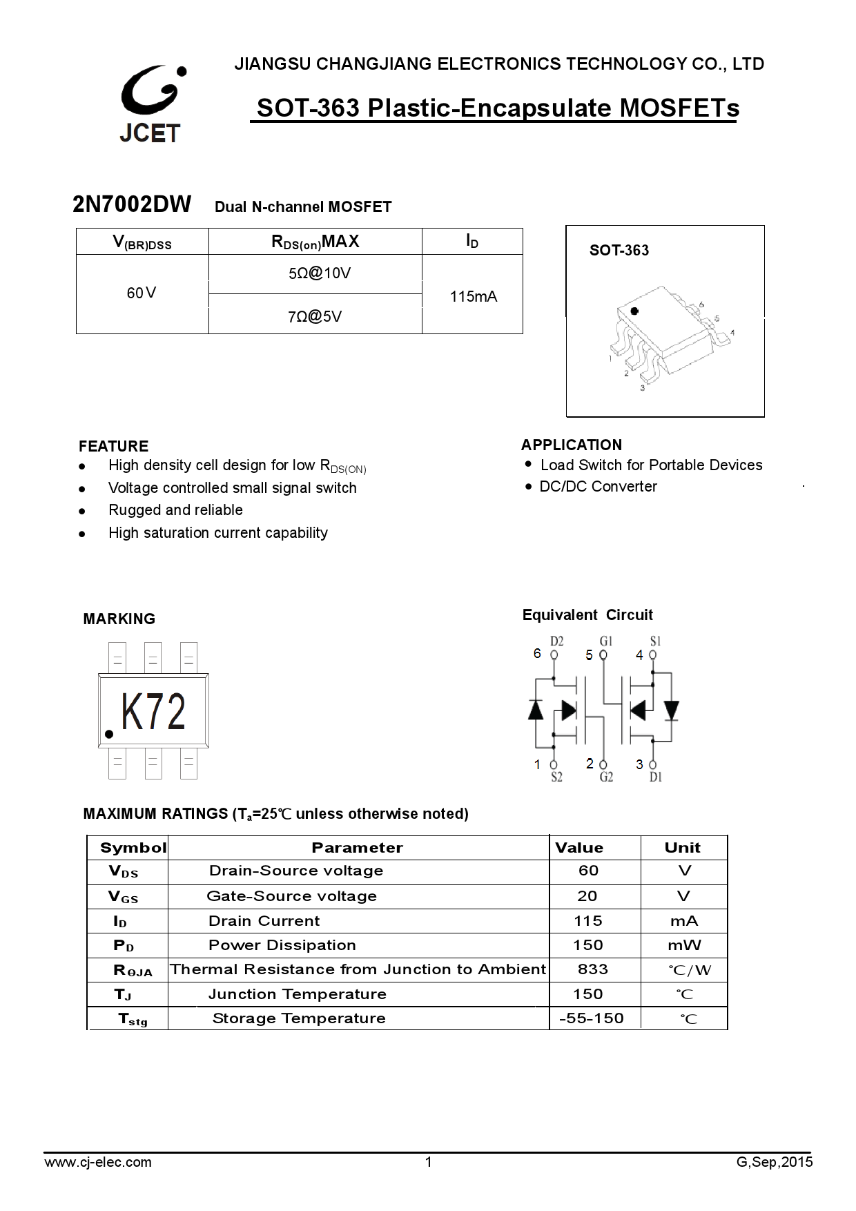 2N7002DW K72_（CJ（江苏长电/长晶））2N7002DW K72中文资料_价格_PDF手册-立创电子商城