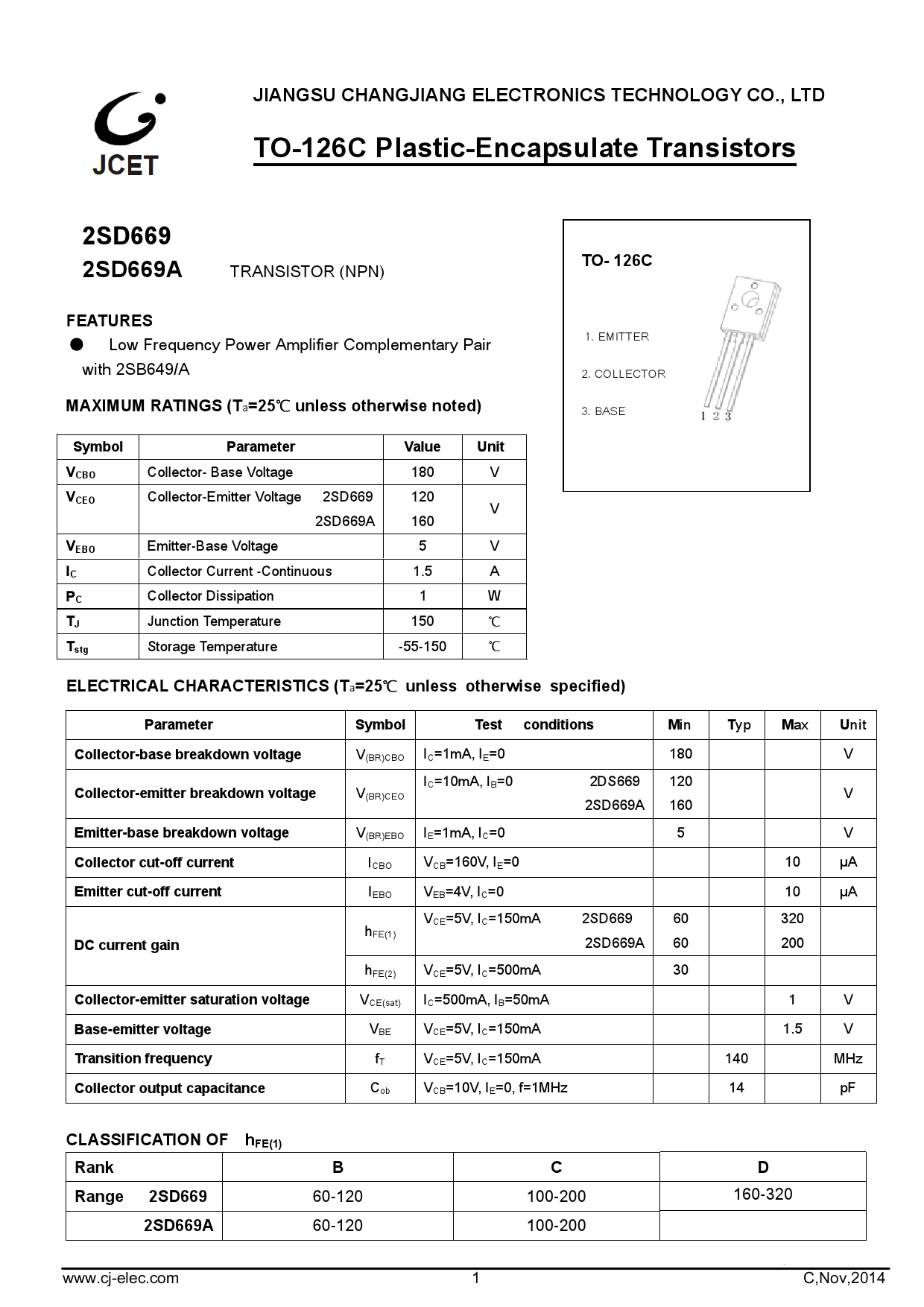 2SD669A_（CJ(江苏长电/长晶)）2SD669A中文资料_价格_PDF手册-立创电子商城