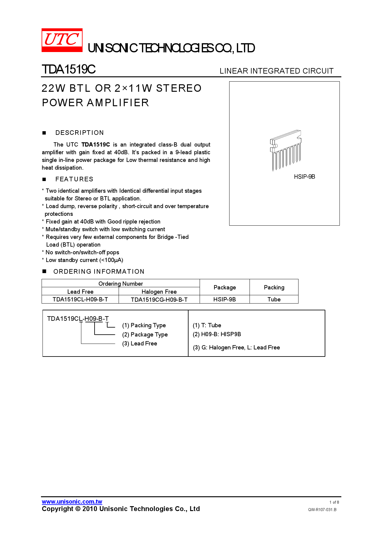 TDA1519CL-H09-B-T_（UTC(友顺)）TDA1519CL-H09-B-T中文资料_价格_PDF手册-立创电子商城
