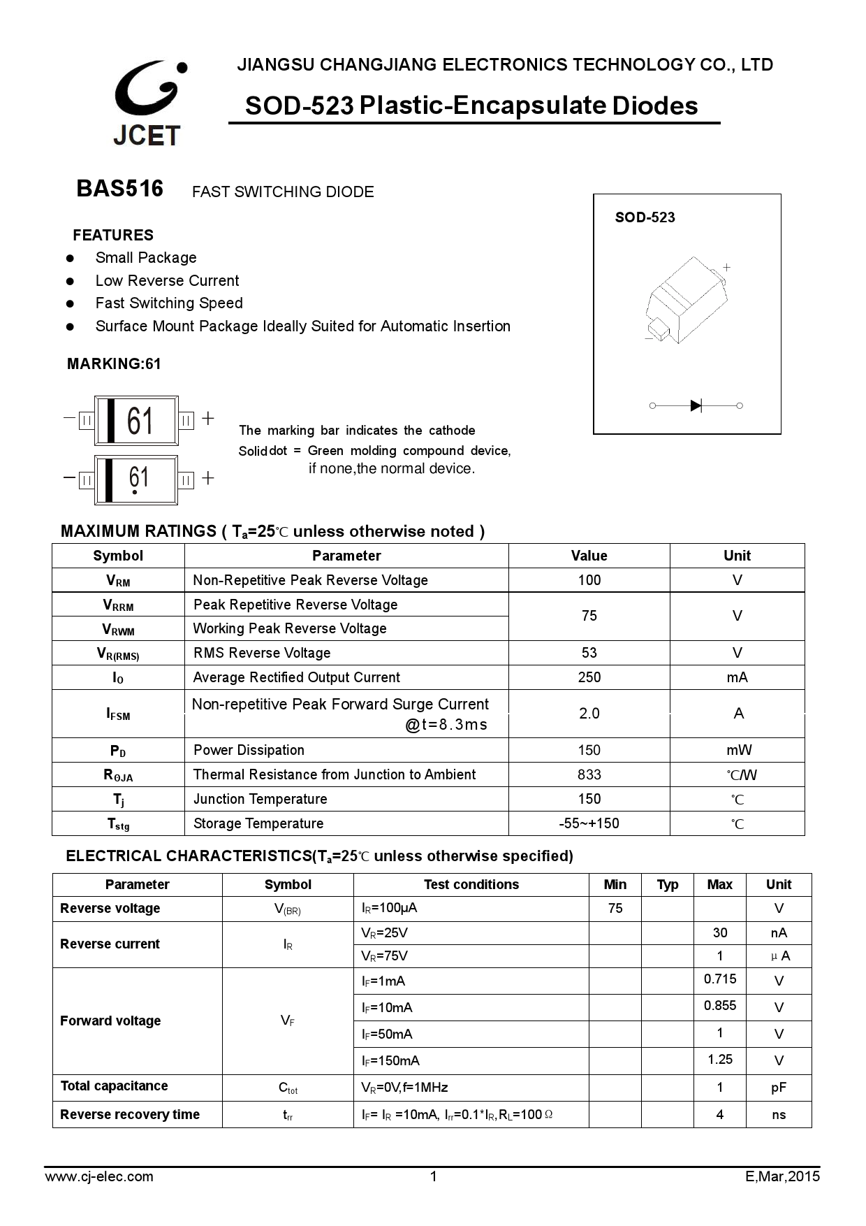 BAS516_（CJ（江苏长电/长晶））BAS516中文资料_价格_PDF手册-立创电子商城
