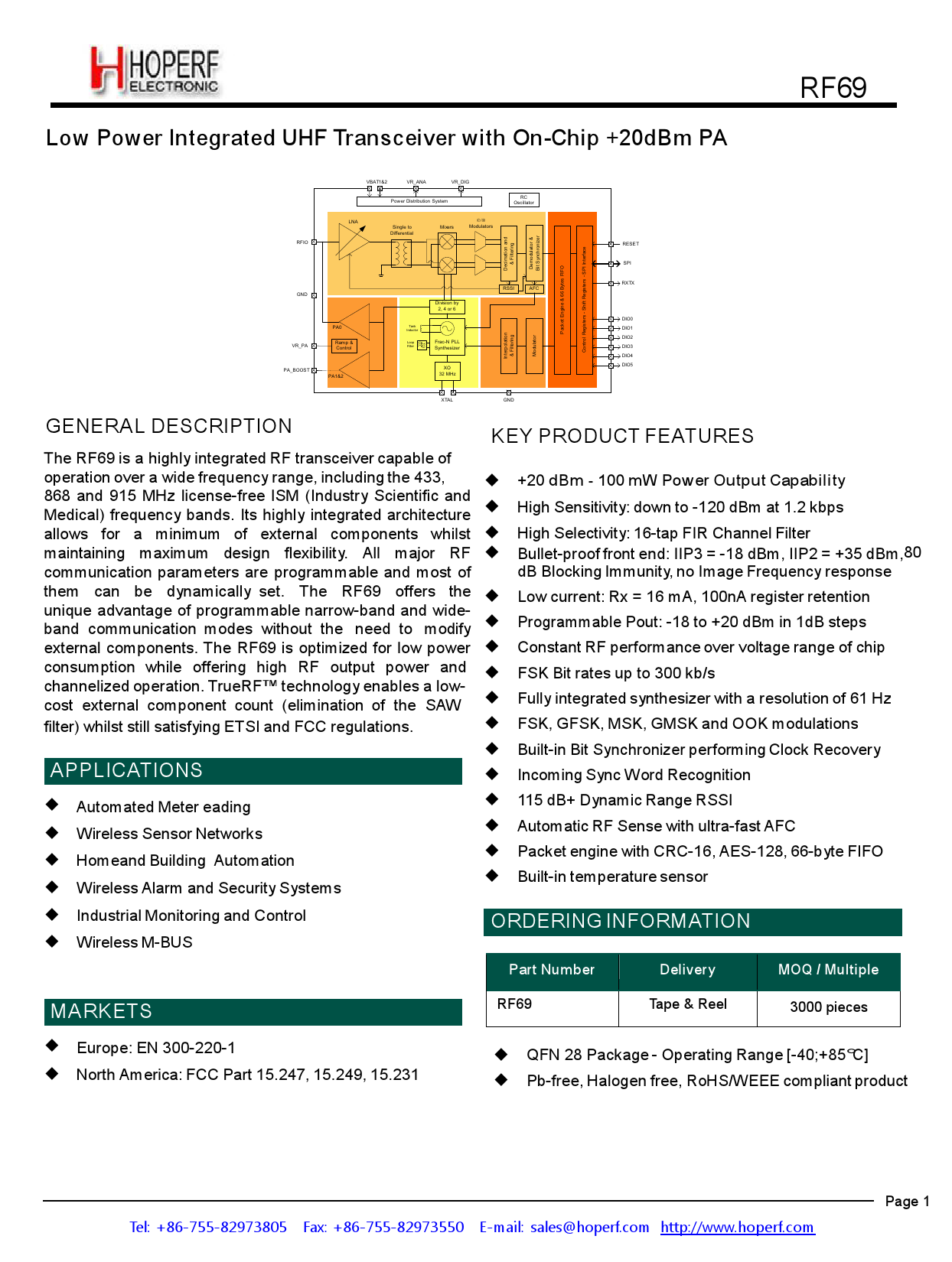 RF69_（HOPERF(华普微电子)）RF69中文资料_价格_PDF手册-立创电子商城